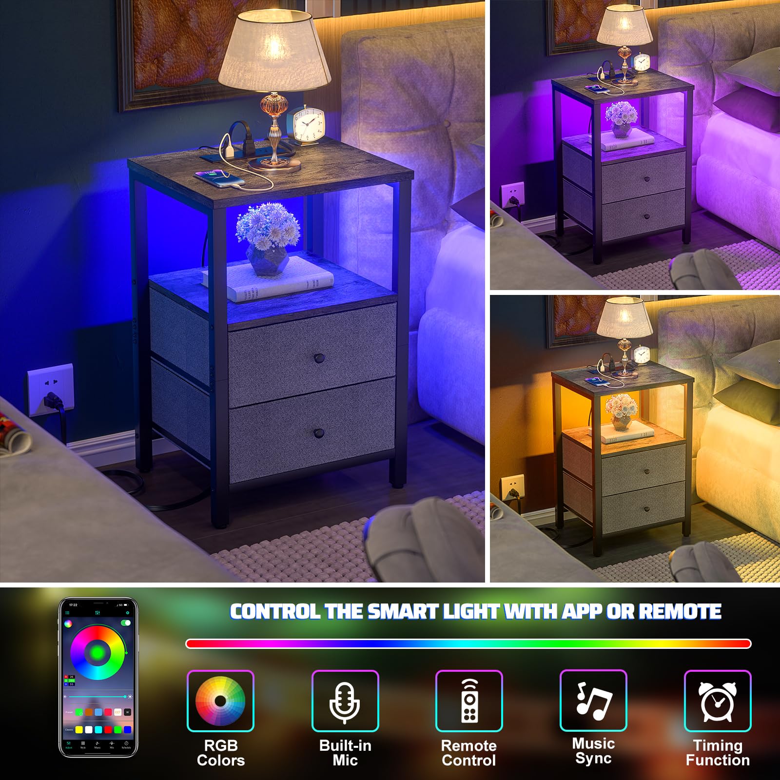 Cyclysio NightStand with Charging Station and LED Lights, Night Stand ...