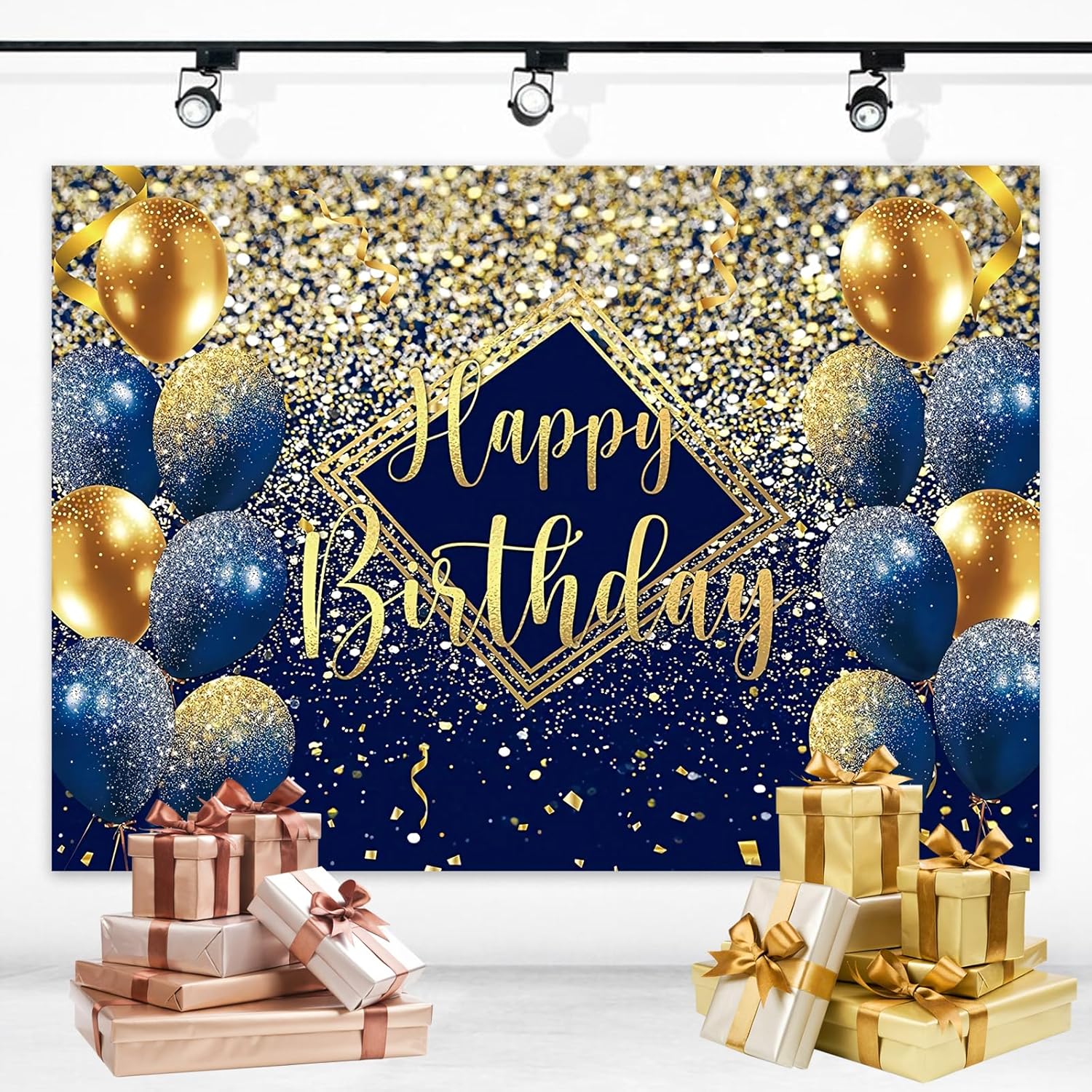 Happy Birthday Backdrop Banner, Blue Gold Large Happy Birthday Sign ...