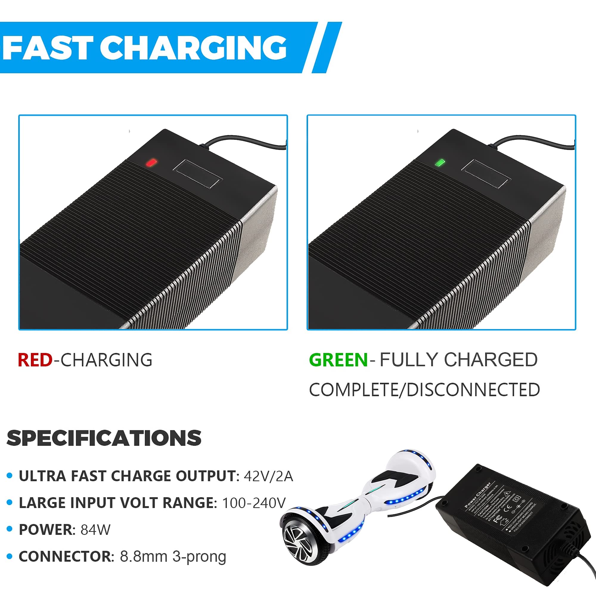 Jeoronuly 42V 2A Battery Charger with Fan Cooling, 8.8mm 3 Prong ...