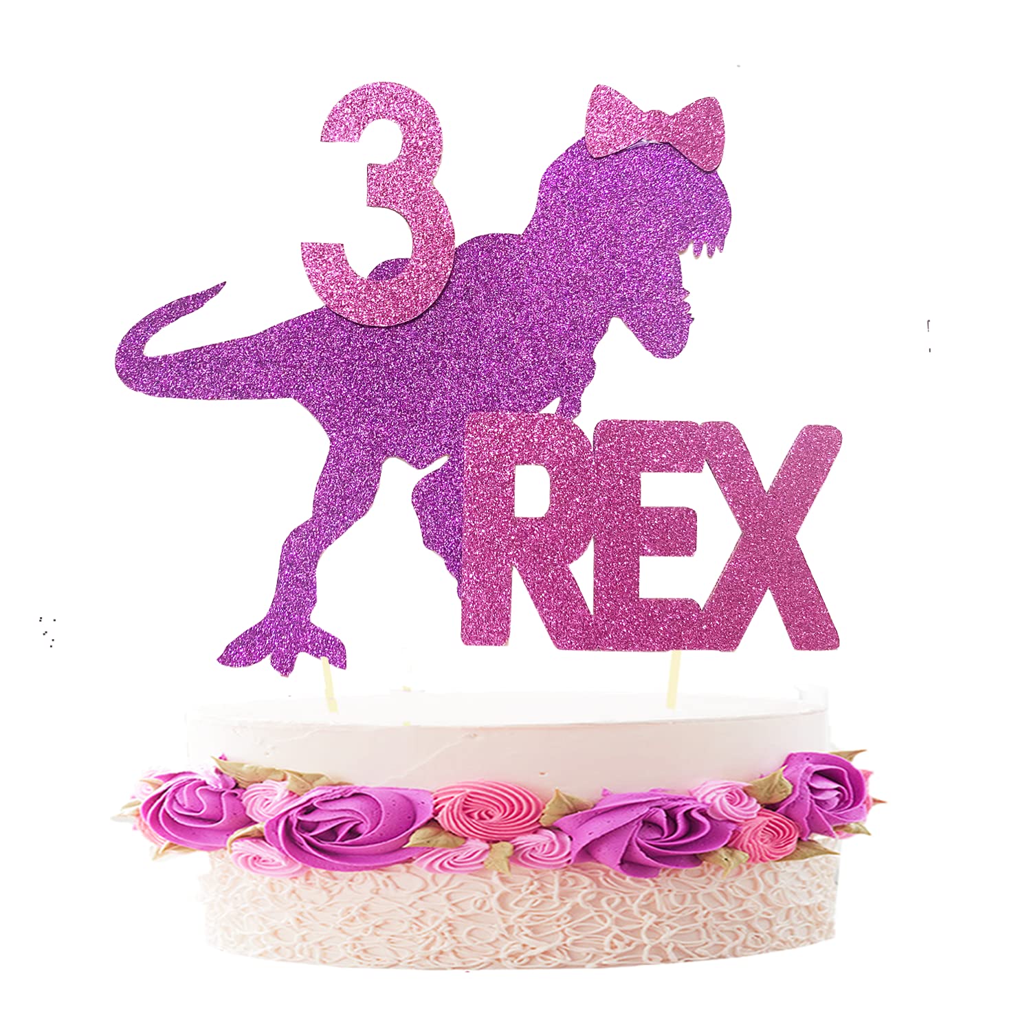 Buy Pink Three Rex Cake Topper,Three Rex Birthday Decorations Girl,Pink ...