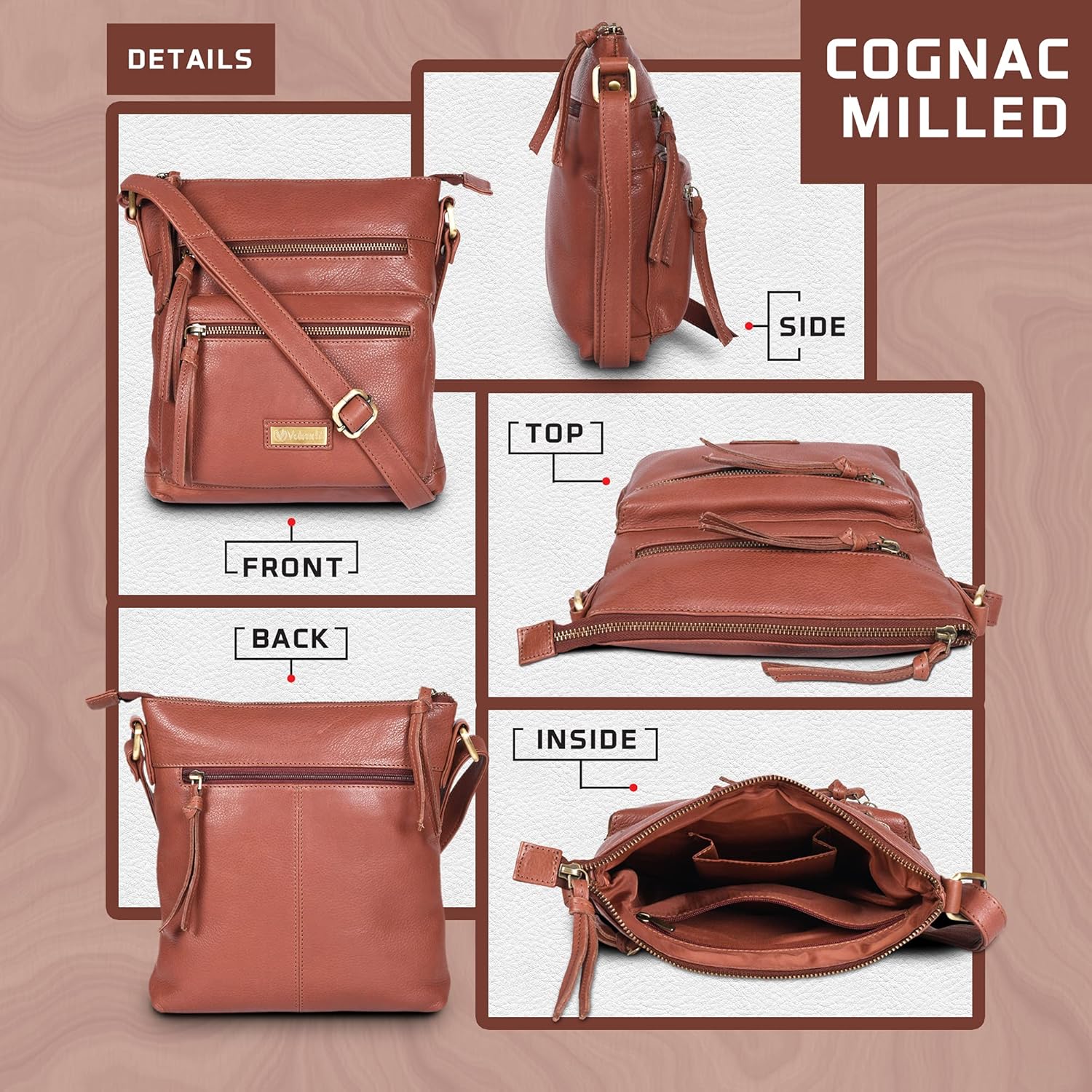 VALENCHI - Bolso cruzado de piel auténtica con bolsillos delanteros de ...