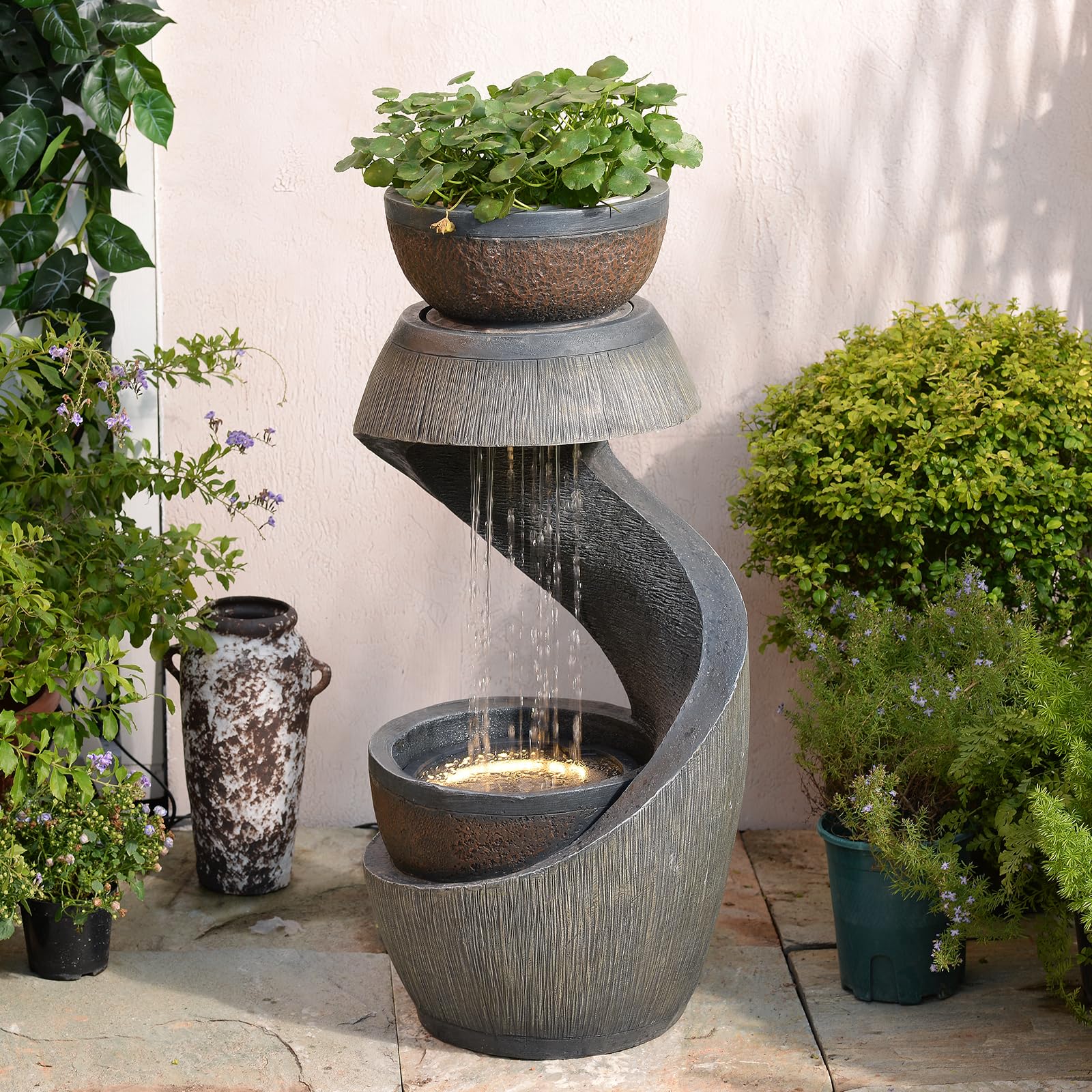 Waterfall Fountain Planter Polyresin Grey Plumsville Stacked 4 Pot
