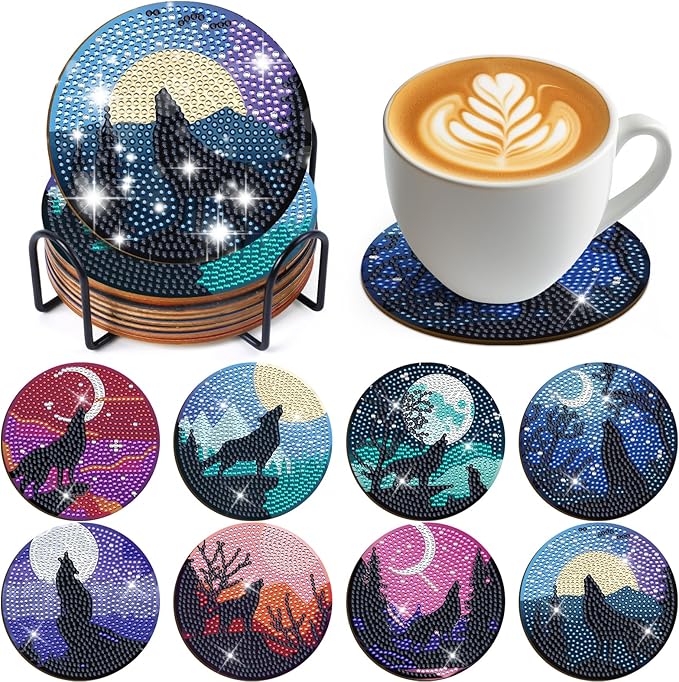 Sitsink Wolf Diamond Art Coasters Kit - 8 Moon Wolf Designs, Modern ...