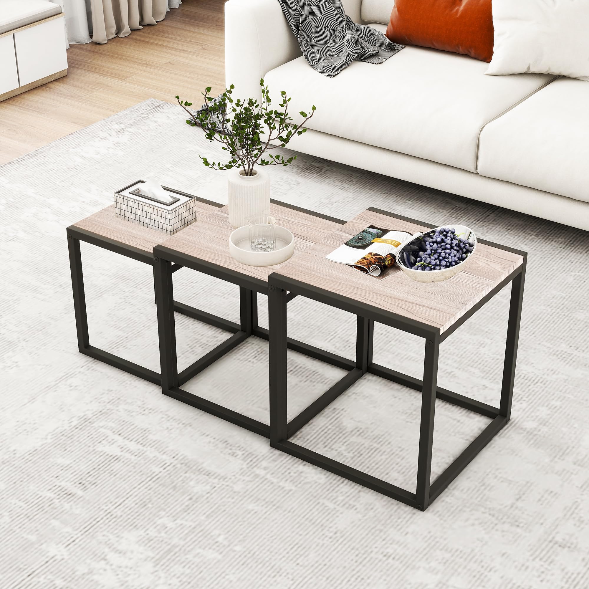 Amazon｜LOWYA ロウヤ ローテーブル ネストテーブル テーブル 伸縮 幅87cm 3個セット テレワーク ナチュラル/ブラック｜テーブル オンライン通販