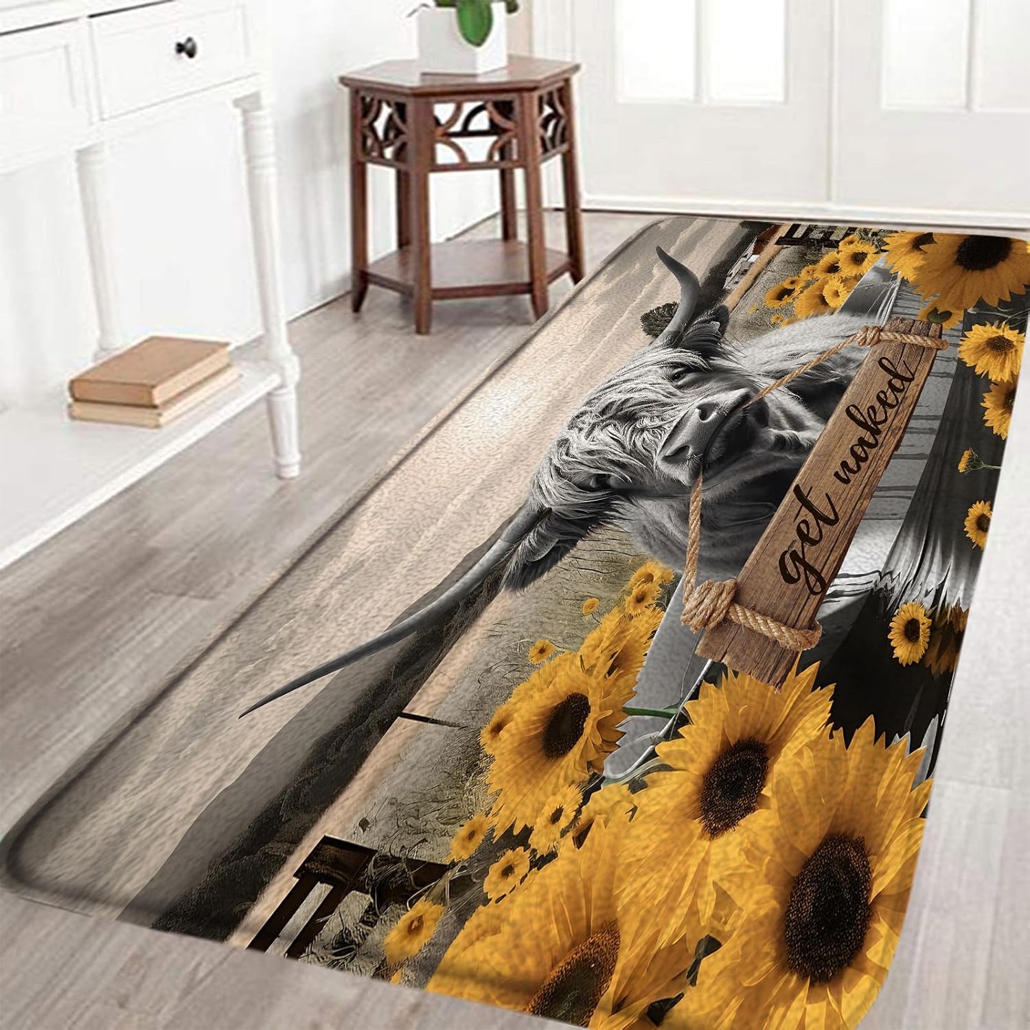 Amazon.com: Farmhouse Cows Bath Mat Rustic Highland Cow Sunflower ...