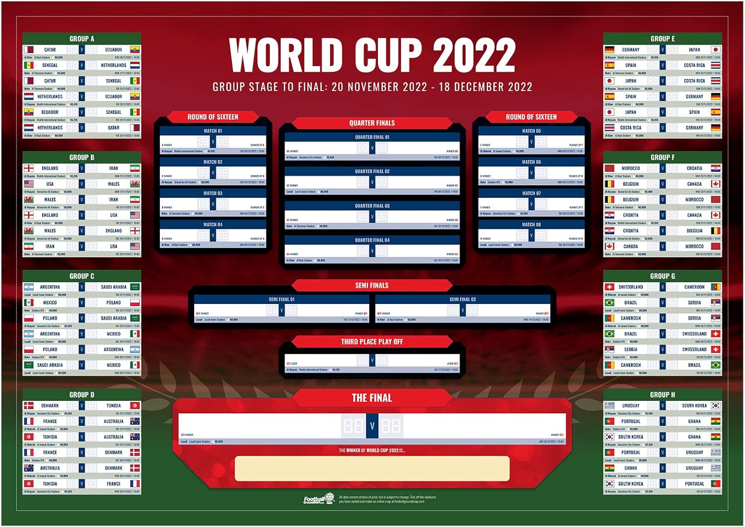 Football Ground Map World Cup 2022 A2 Wall Chart (folded to A4 ...