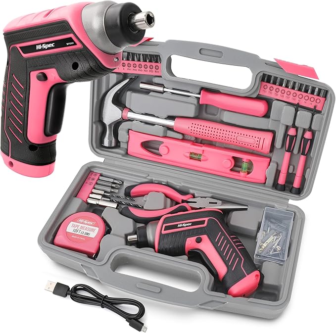 Hi-Spec 35pc Pink Womans Tool Kit Set with 3.6V USB Electric Power ...
