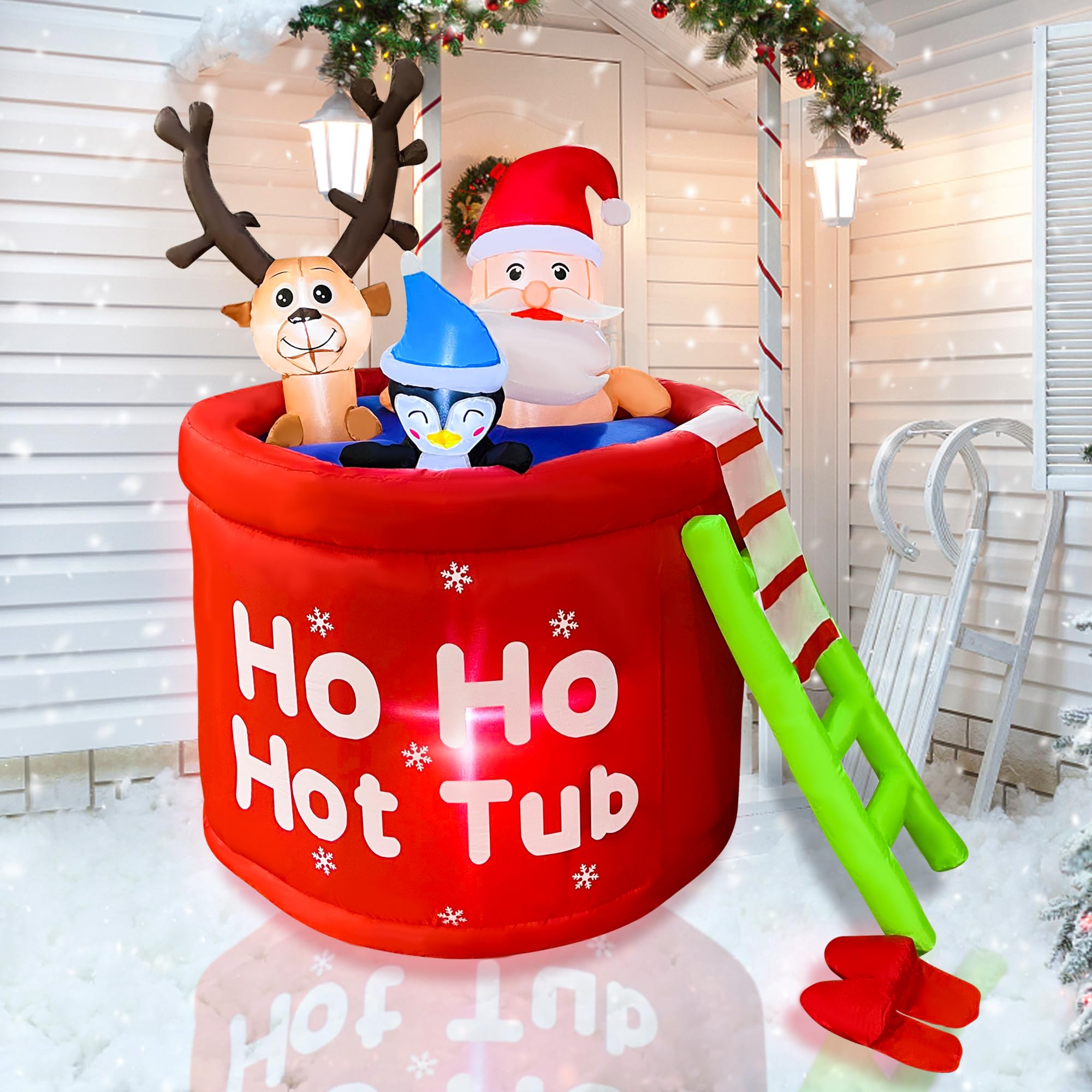 JOYEASE 5 Ft Christmas Inflatable Santa Claus in Hot Tub with Reindeer ...