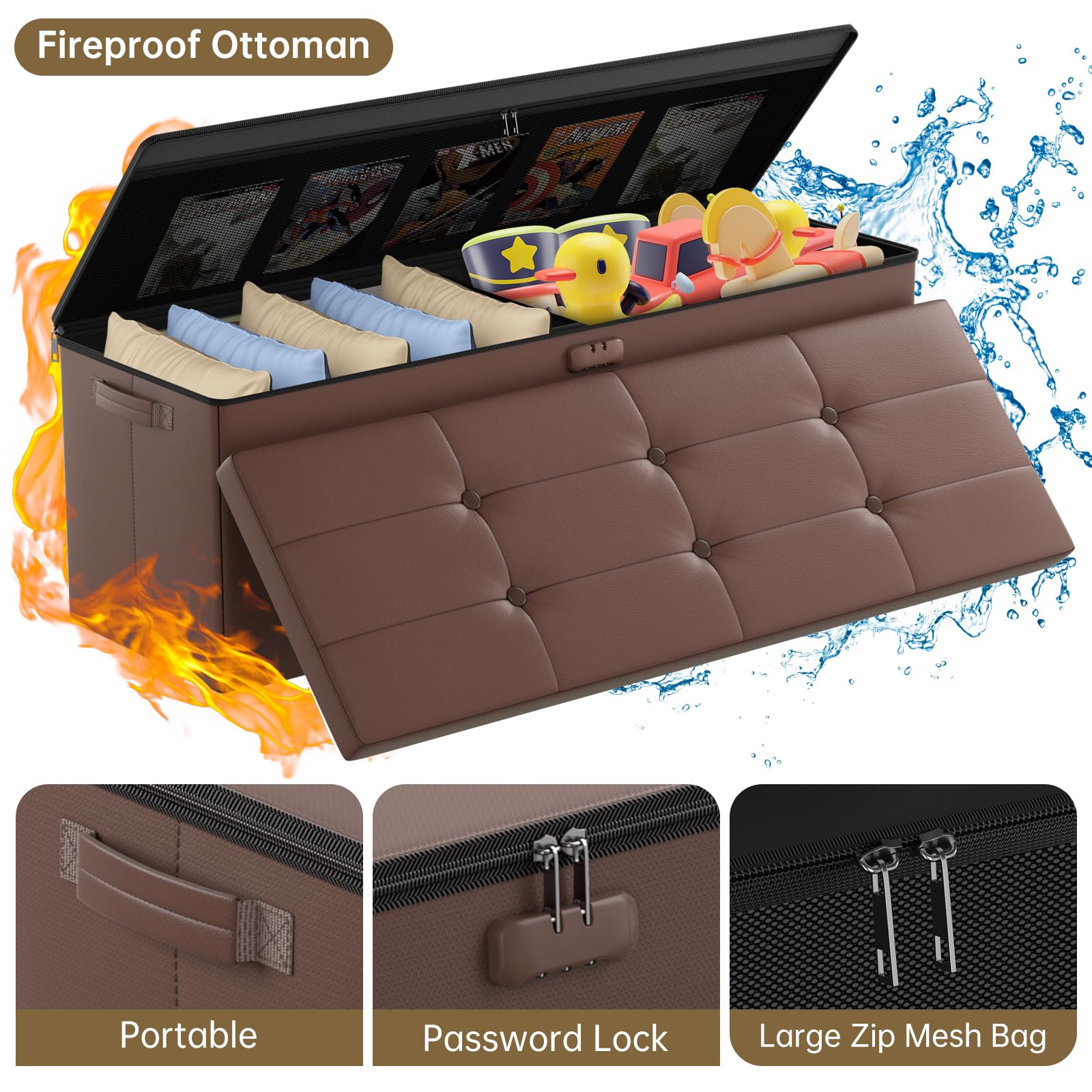 Fireproof Storage Ottoman Bench, 43 Inch Foot Rest Stool with Lock ...