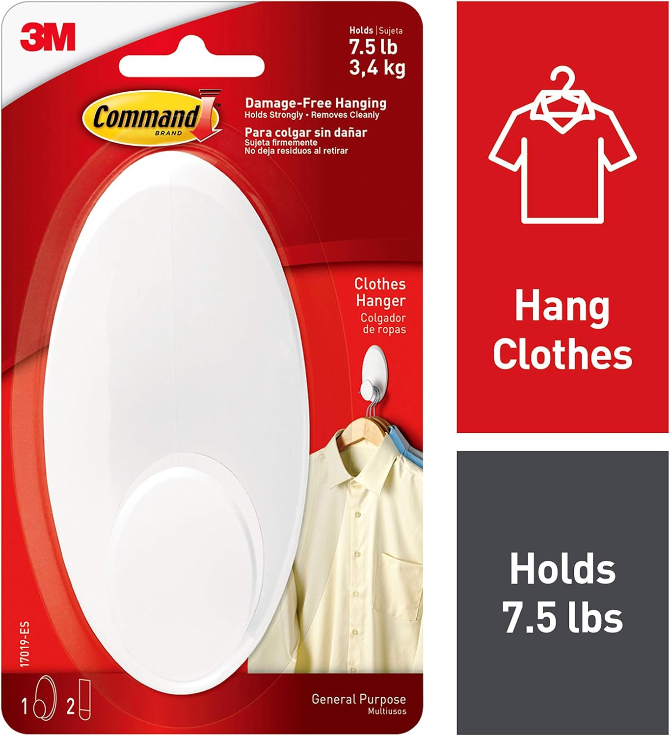 Command 17019-ES Clothes Hanger Hook, Pack of 1 Hook and 2 Adhesive ...