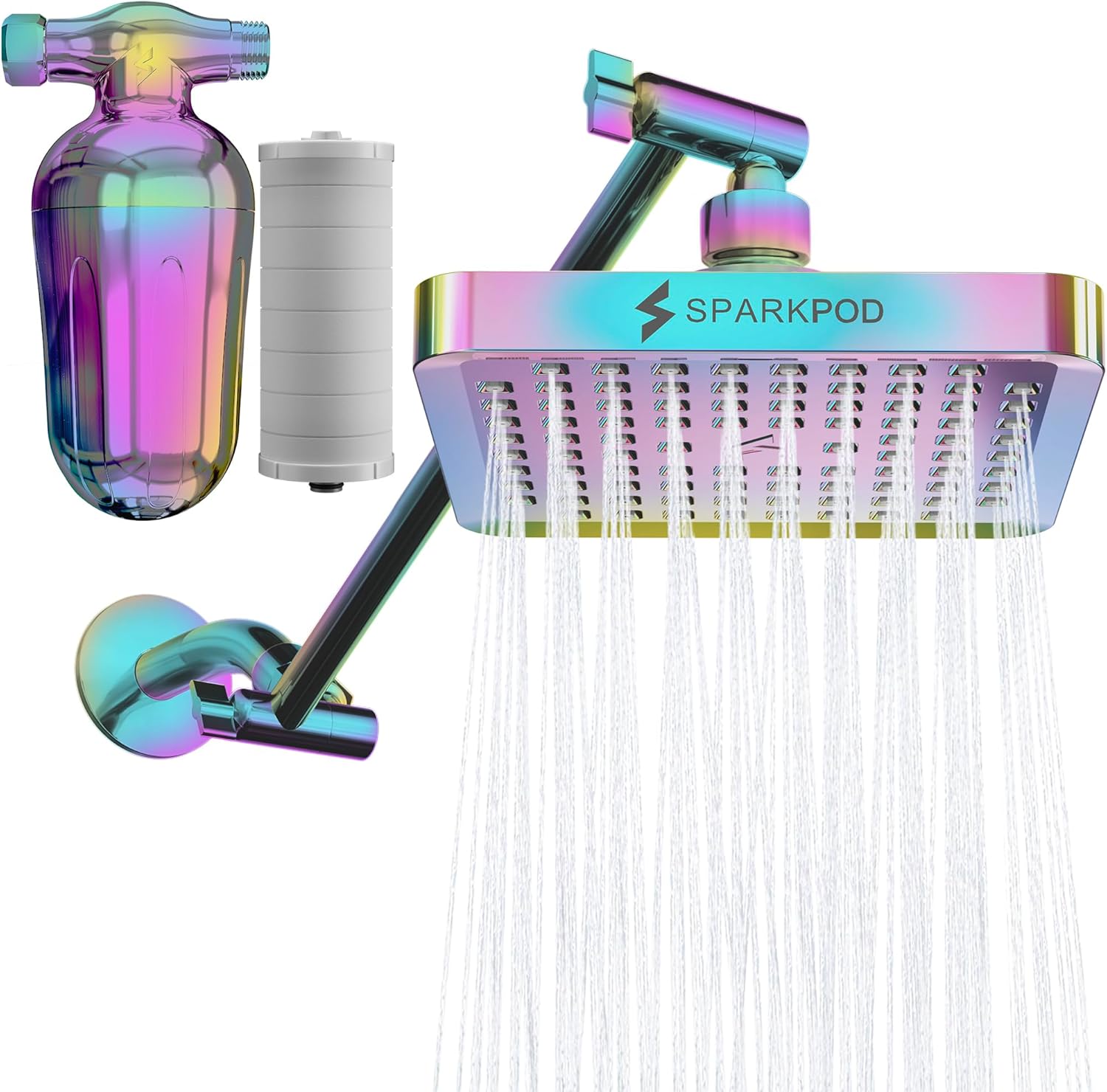 SparkPod Rainbow 6" Square Shower Head with 11" Arm and Shower Filter ...