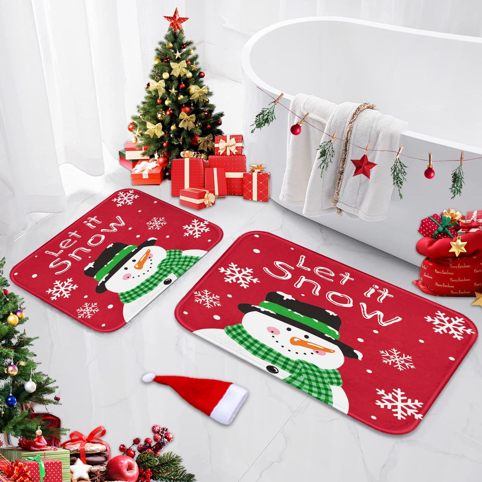 Amazon.com: Arttown Christmas Bathroom Rug Mat Set of 2, Cute Snowman ...