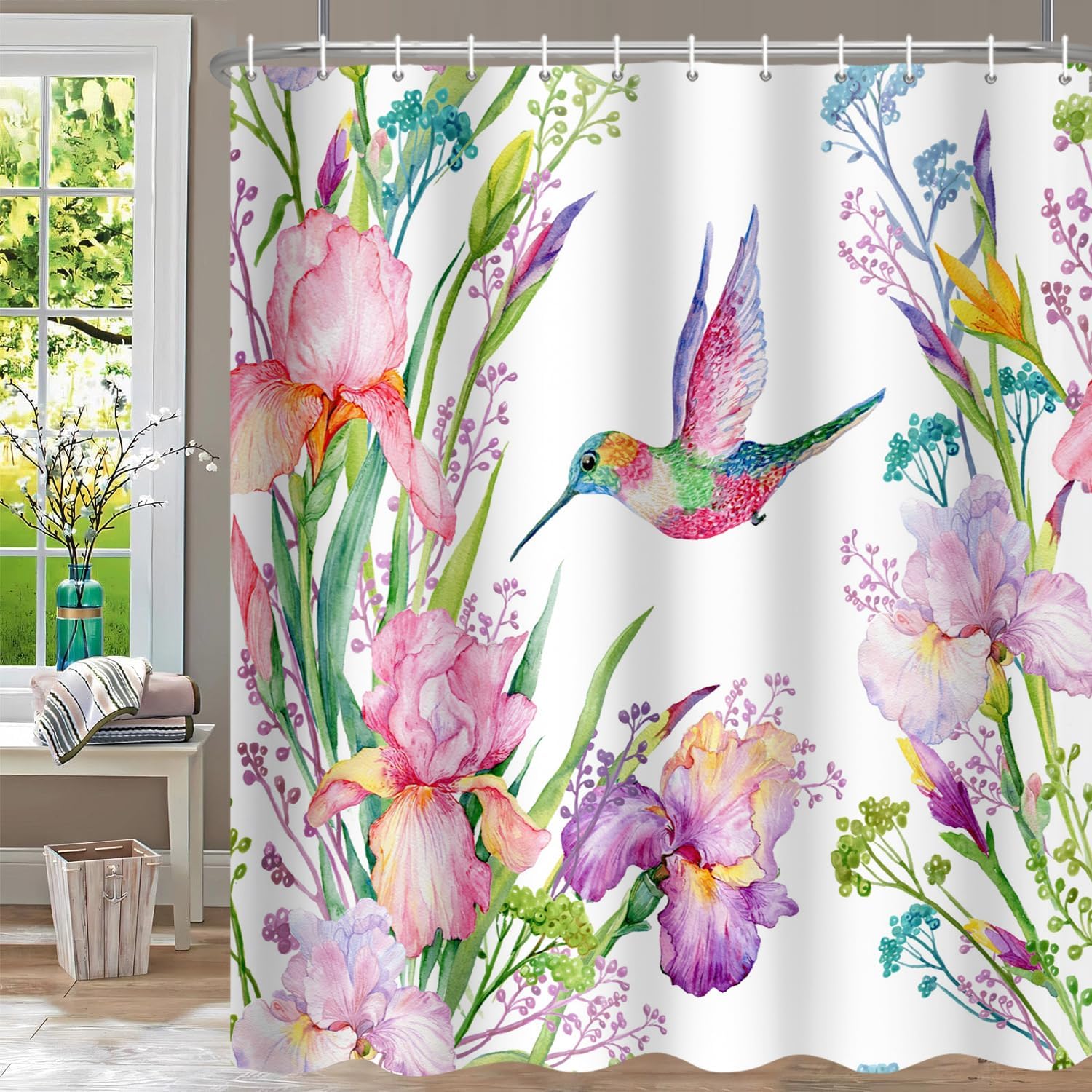 Amazon.com: RiePoiia Floral Hummingbirds Shower Curtain for Bathroom ...