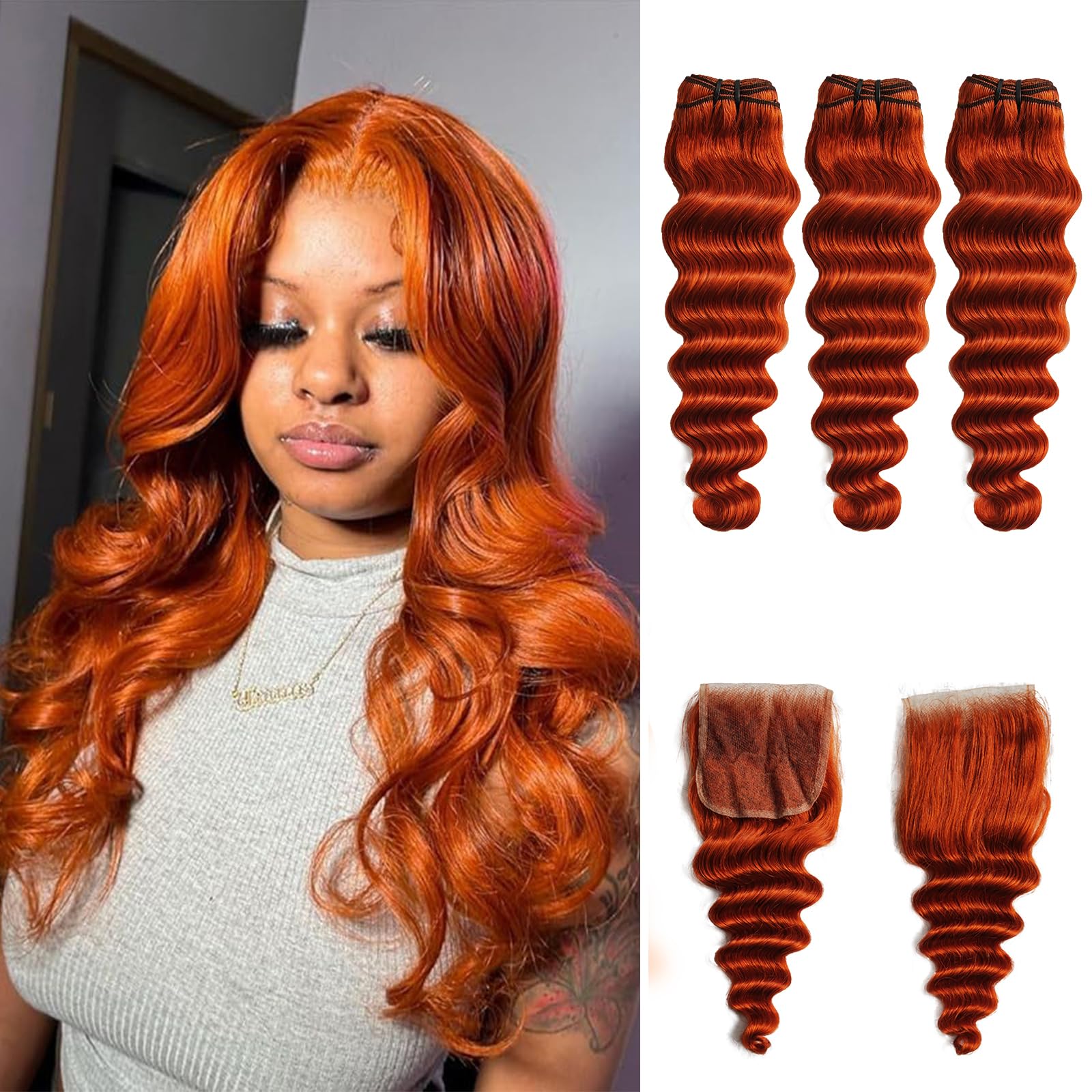 Amazon.com : Ginger Bundles with Closure Loose Deep Human Hair,10A ...