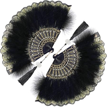 Amazon.com: 2 Pieces Feather Hand Fan Embroidered Flower Marabou ...