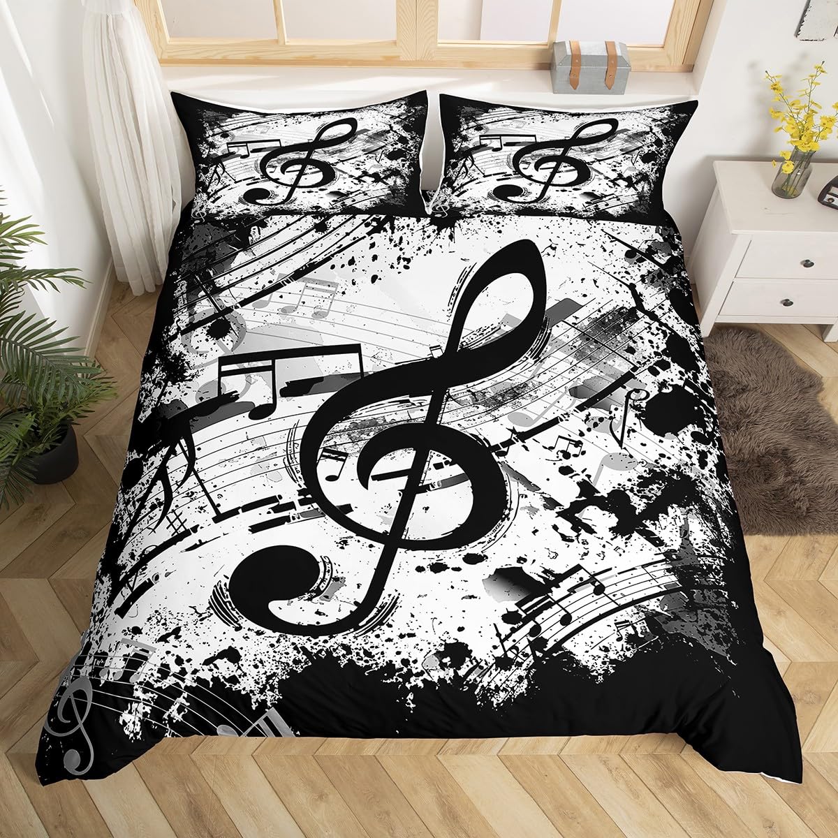 Amazon.com: Music Notes Bedding Set Queen,Black White Comforter Cover ...