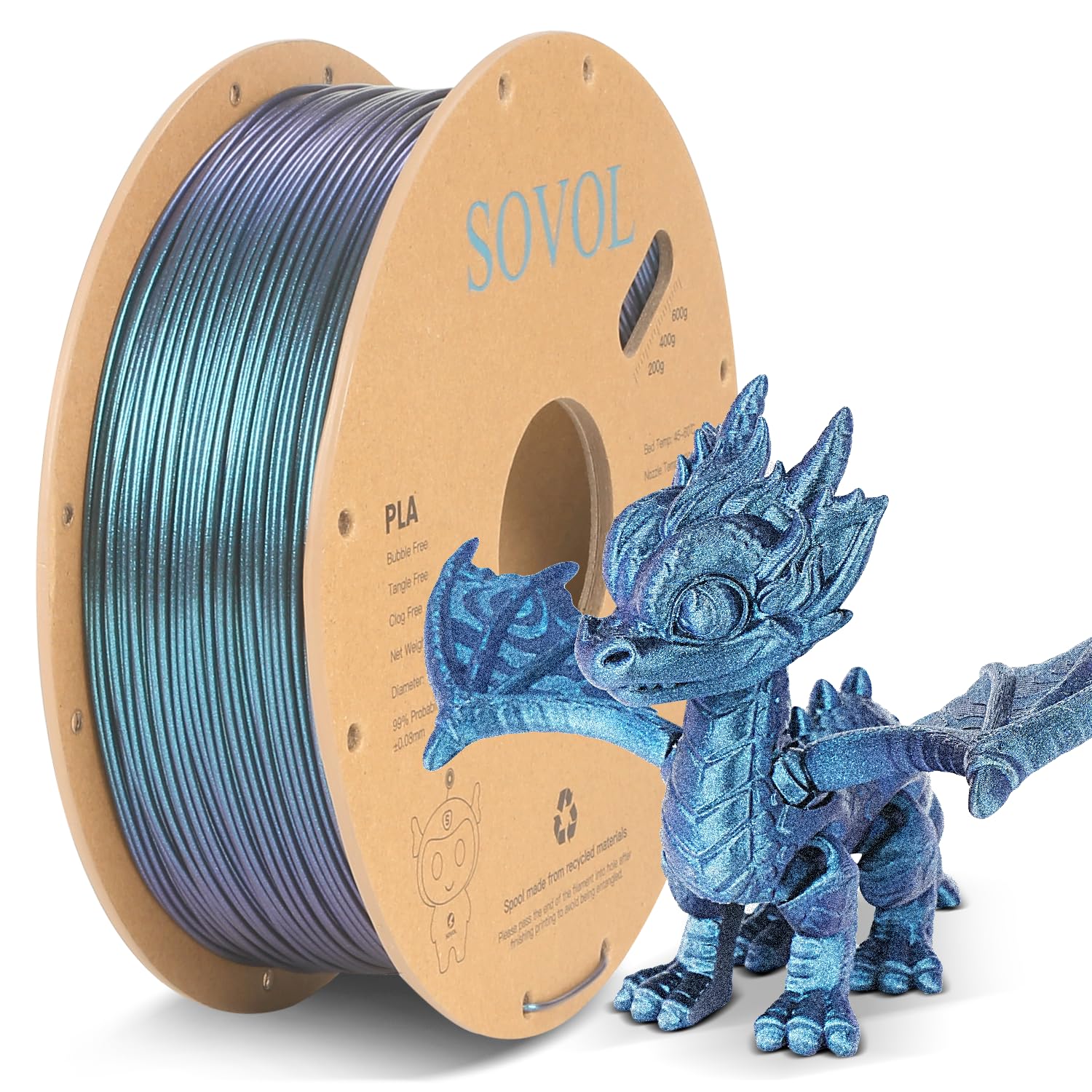 Sovol Silk PLA Filament with Blue Glitter 1kg 1.75mm, Color Changeable ...