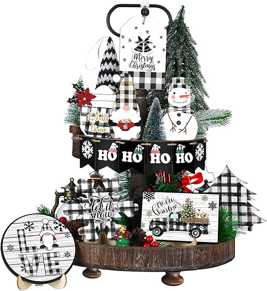 Amazon.com: 14 Pcs Christmas Tiered Tray Decor Sets Farmhouse Buffalo ...