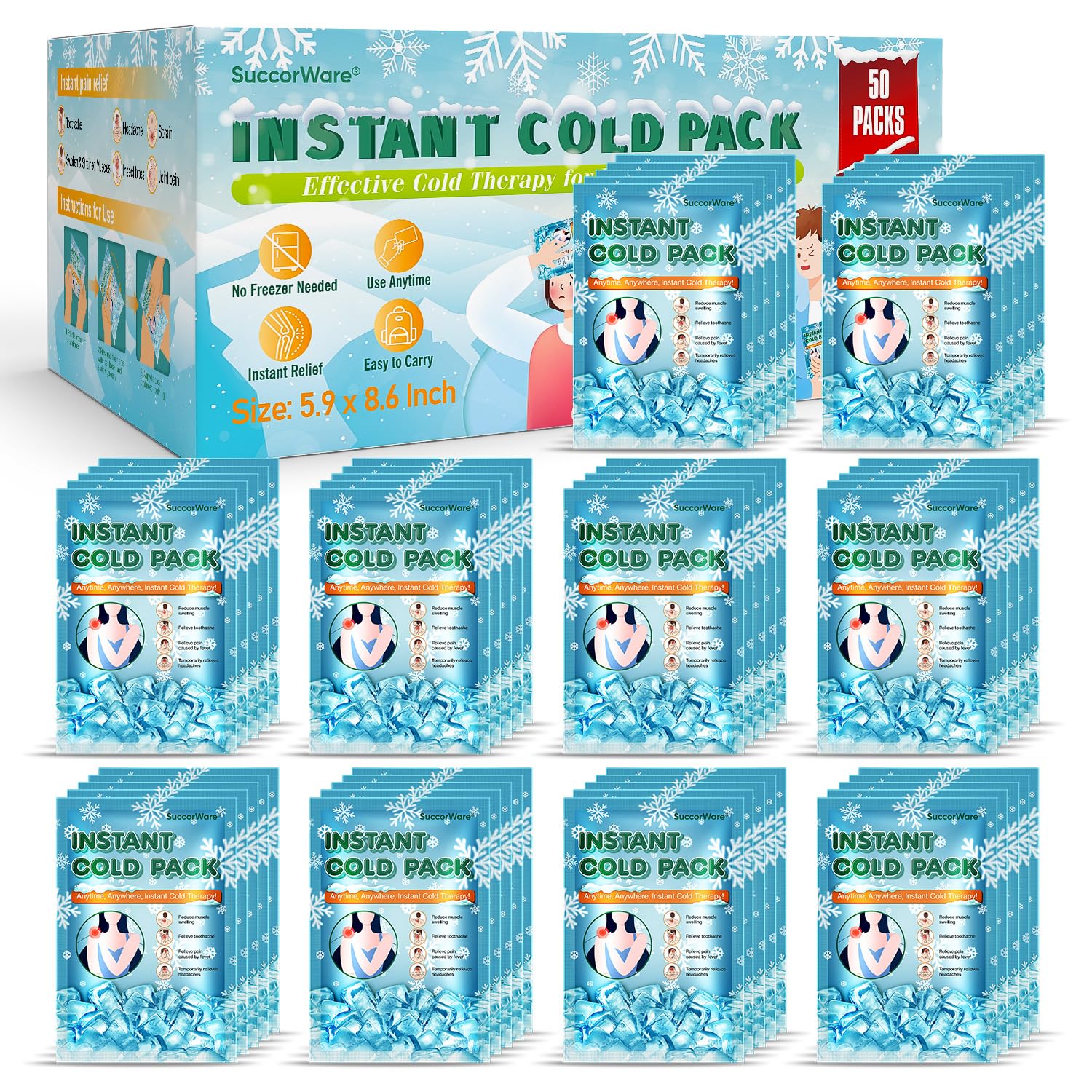 ( best by 2029/08)50 Packs Instant Cold Pack for Large Size (5.9\" x 8. ...