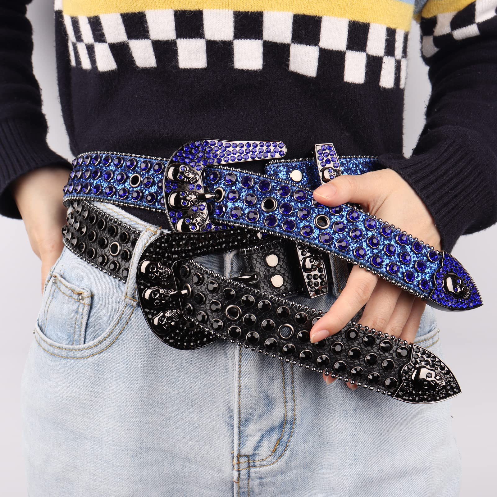 MINGSUN Rhinestones Belt for Men Women, Skulls Belts Western Leather Sparkle Shining Diamond ...