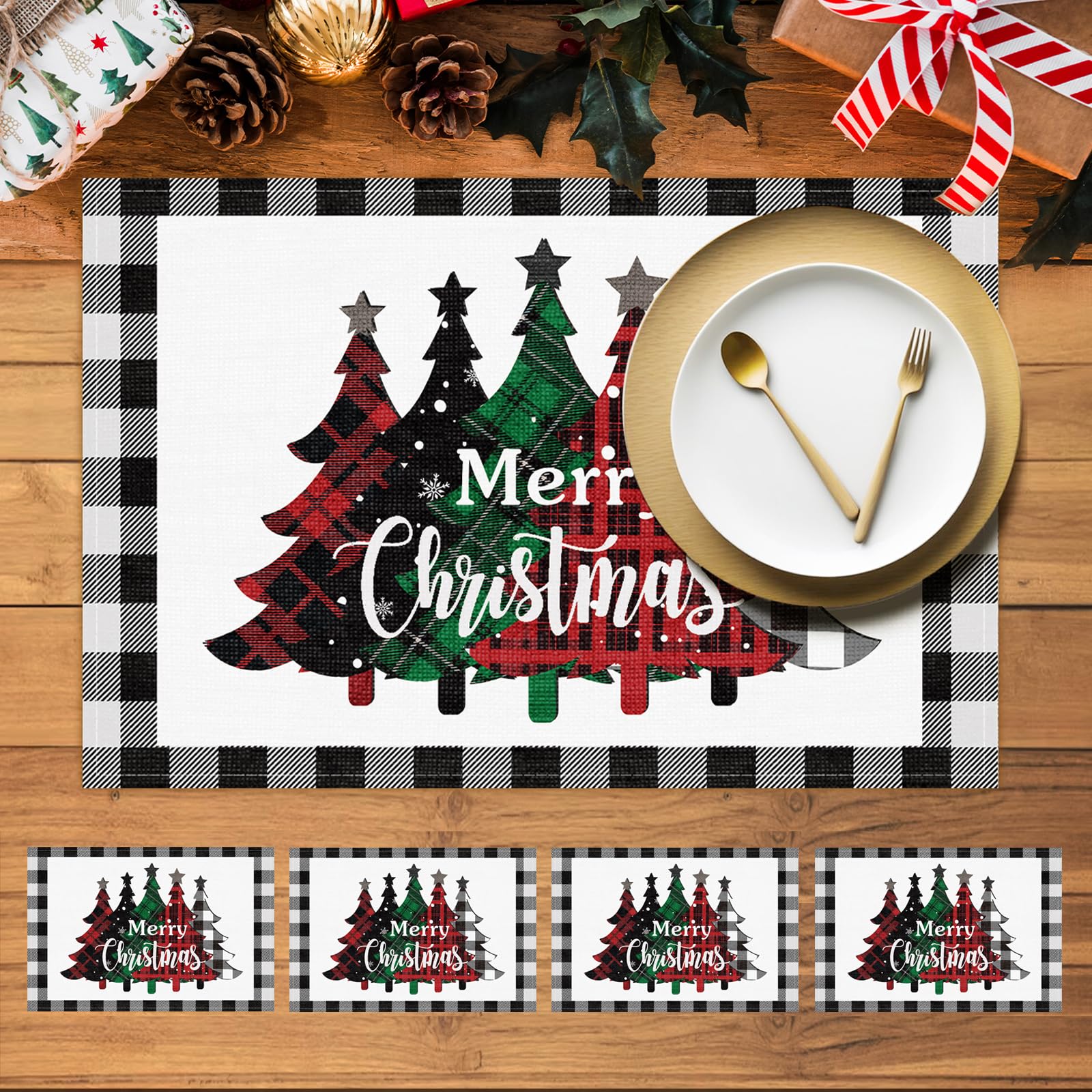 Amazon.com: Christmas Placemats Set of 4, Buffalo Plaid Christmas Trees ...