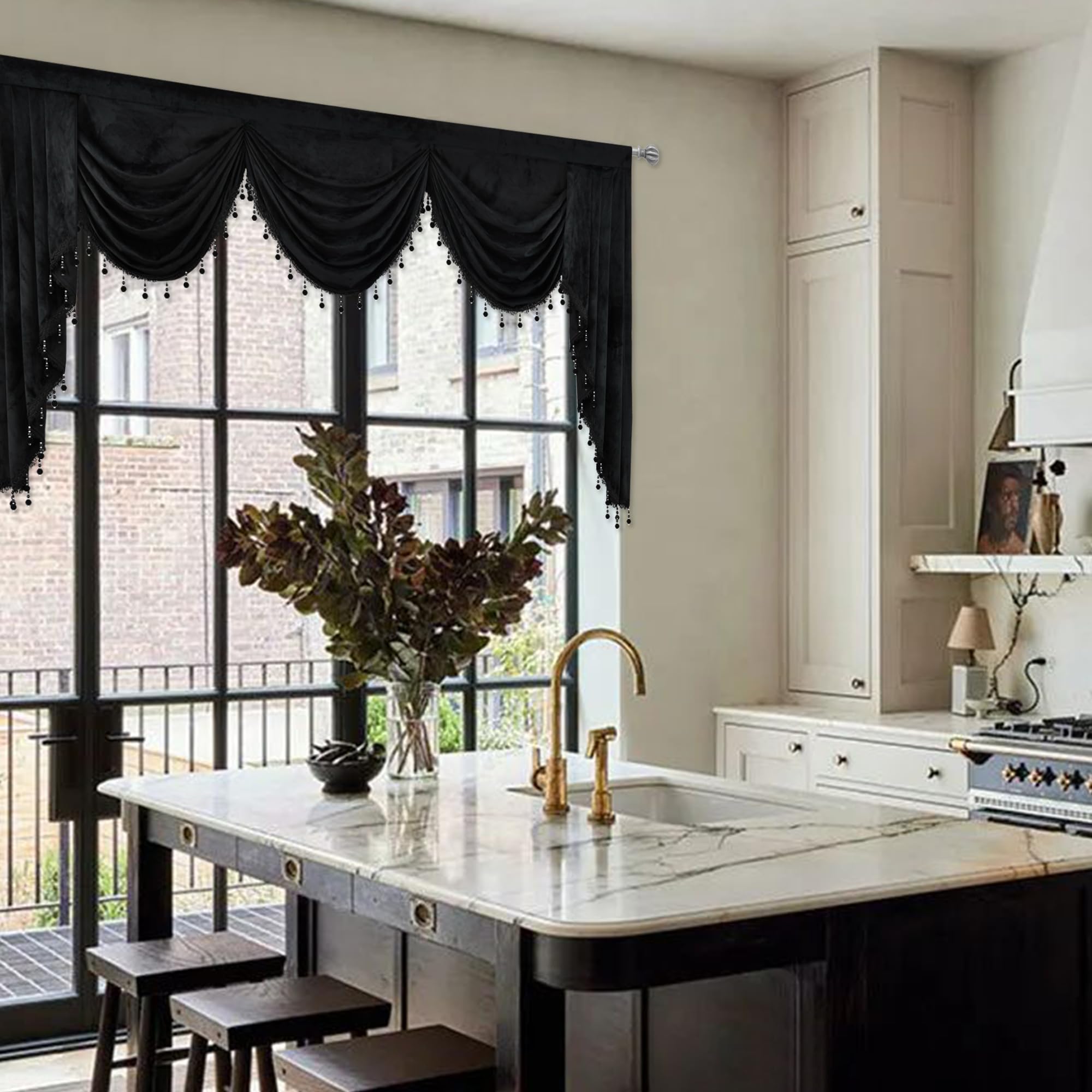 Amazon.com: JADE POKE Velvet Waterfall Valance for Bedroom, Black Beads ...