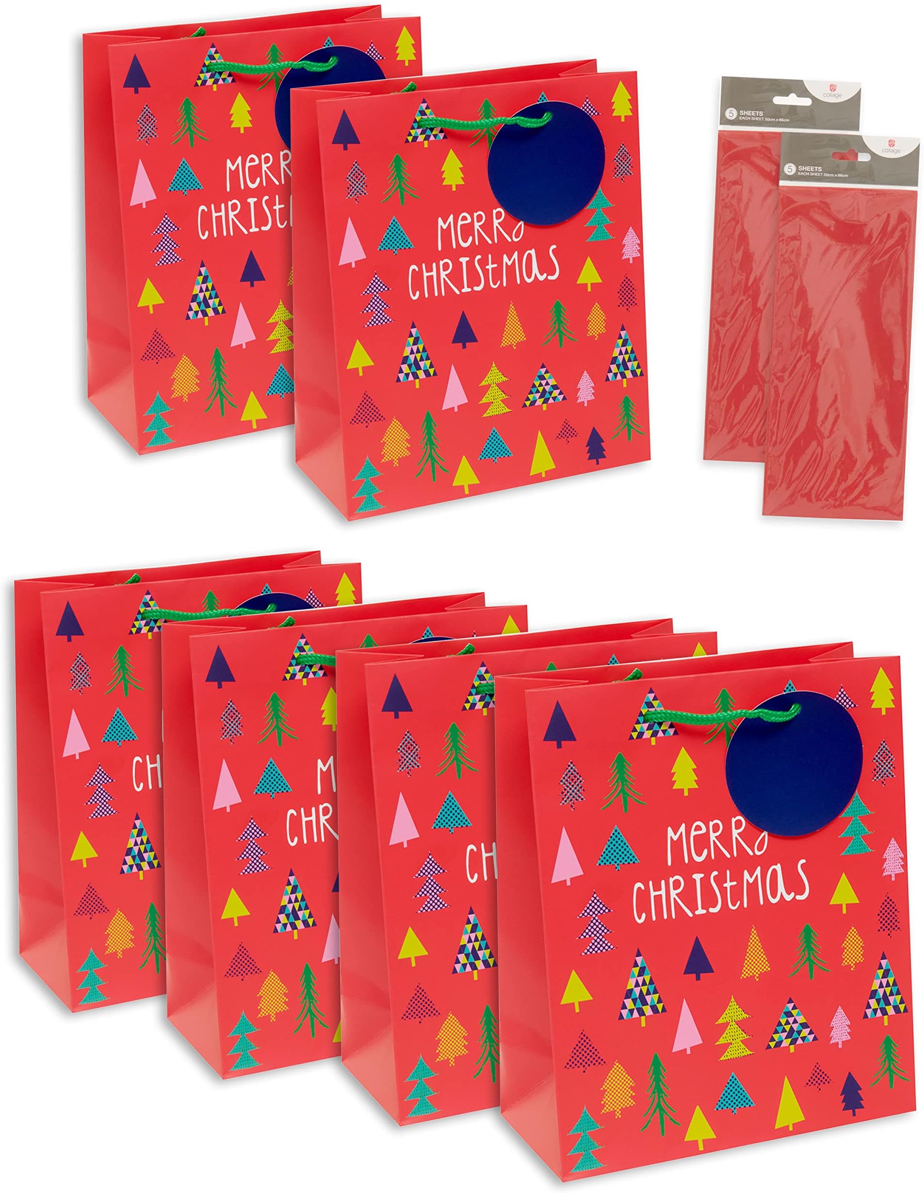 UK Greetings Multipack of 6 Medium Christmas Giftbags & 2 Packs of Red ...