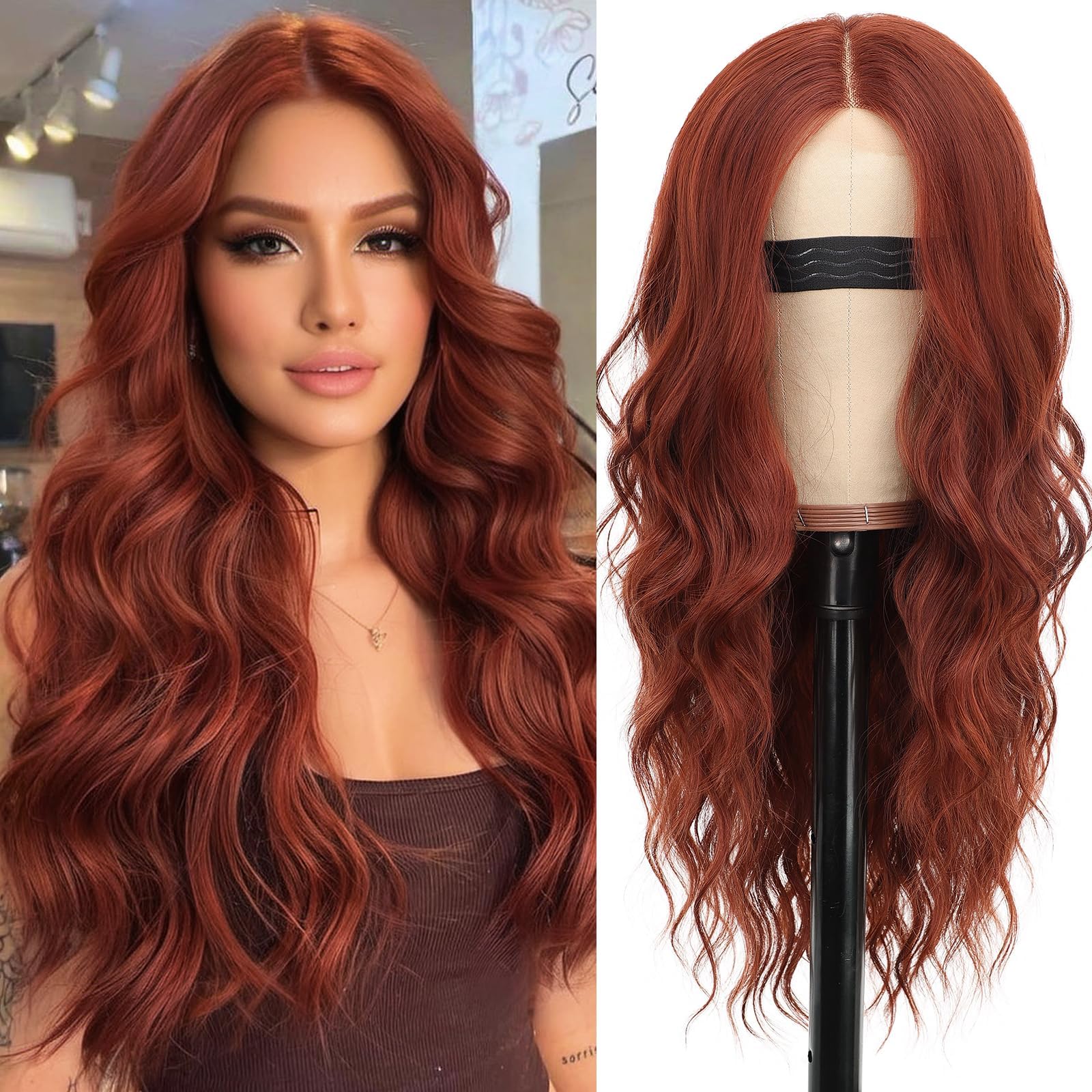 Amazon.com : Nnzes Long Auburn Wavy Wig for Women Middle Part Curly ...