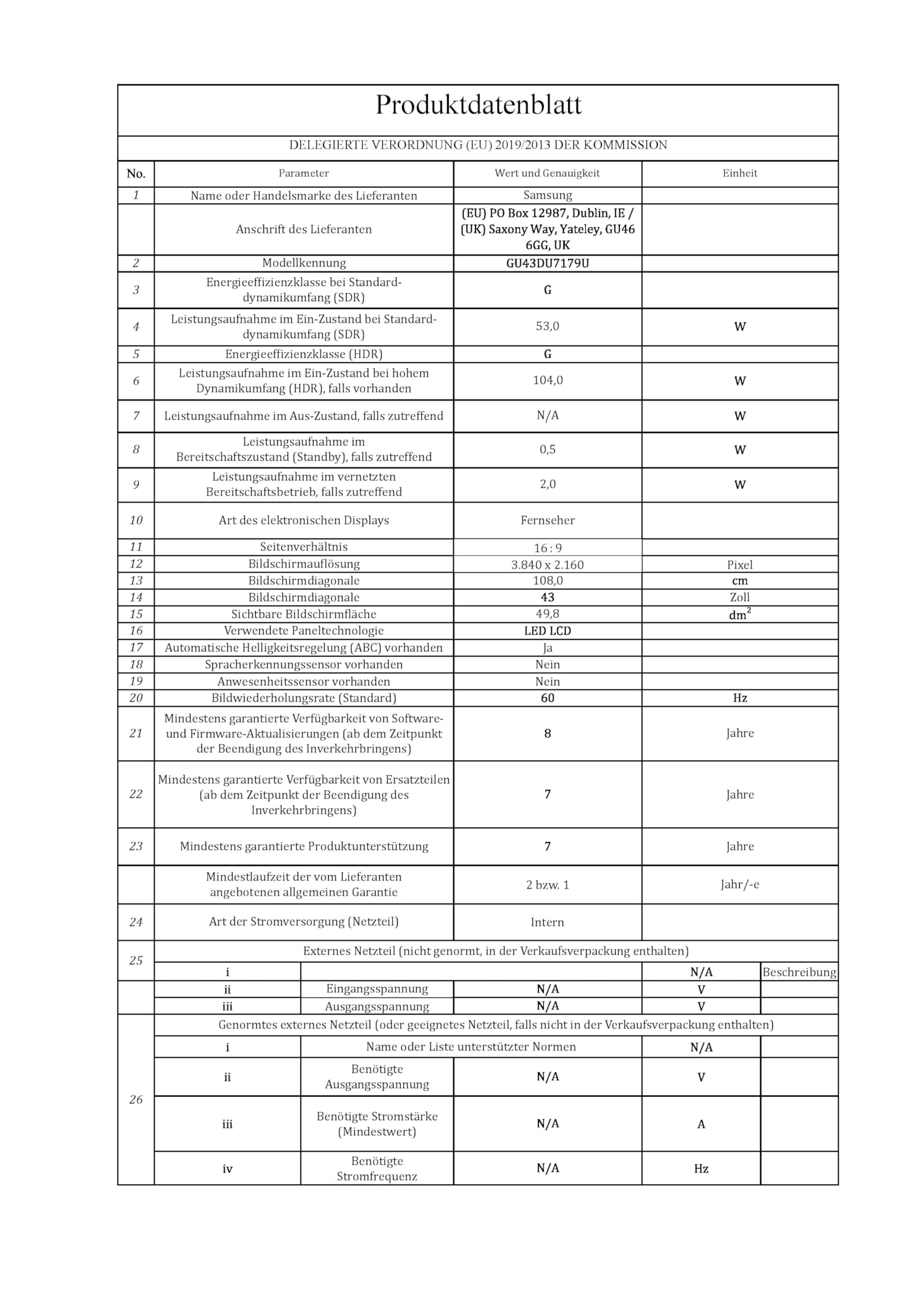 Samsung RU7099 108 cm (43 Zoll) LED Fernseher (Ultra HD, HDR, Triple ...