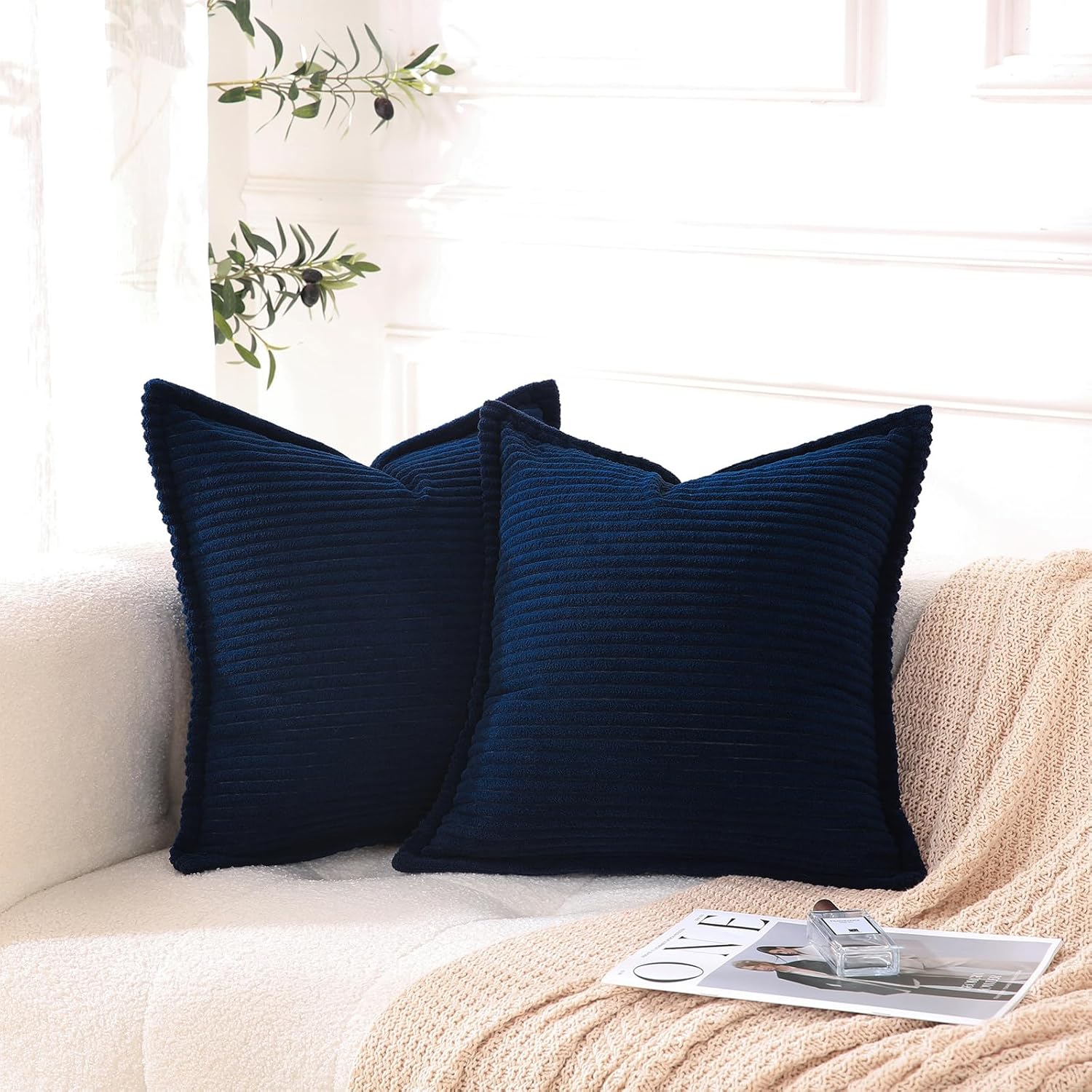 Amazon.com: Linecooo Corduroy Navy Throw Pillow Covers Set of 2 Striped ...
