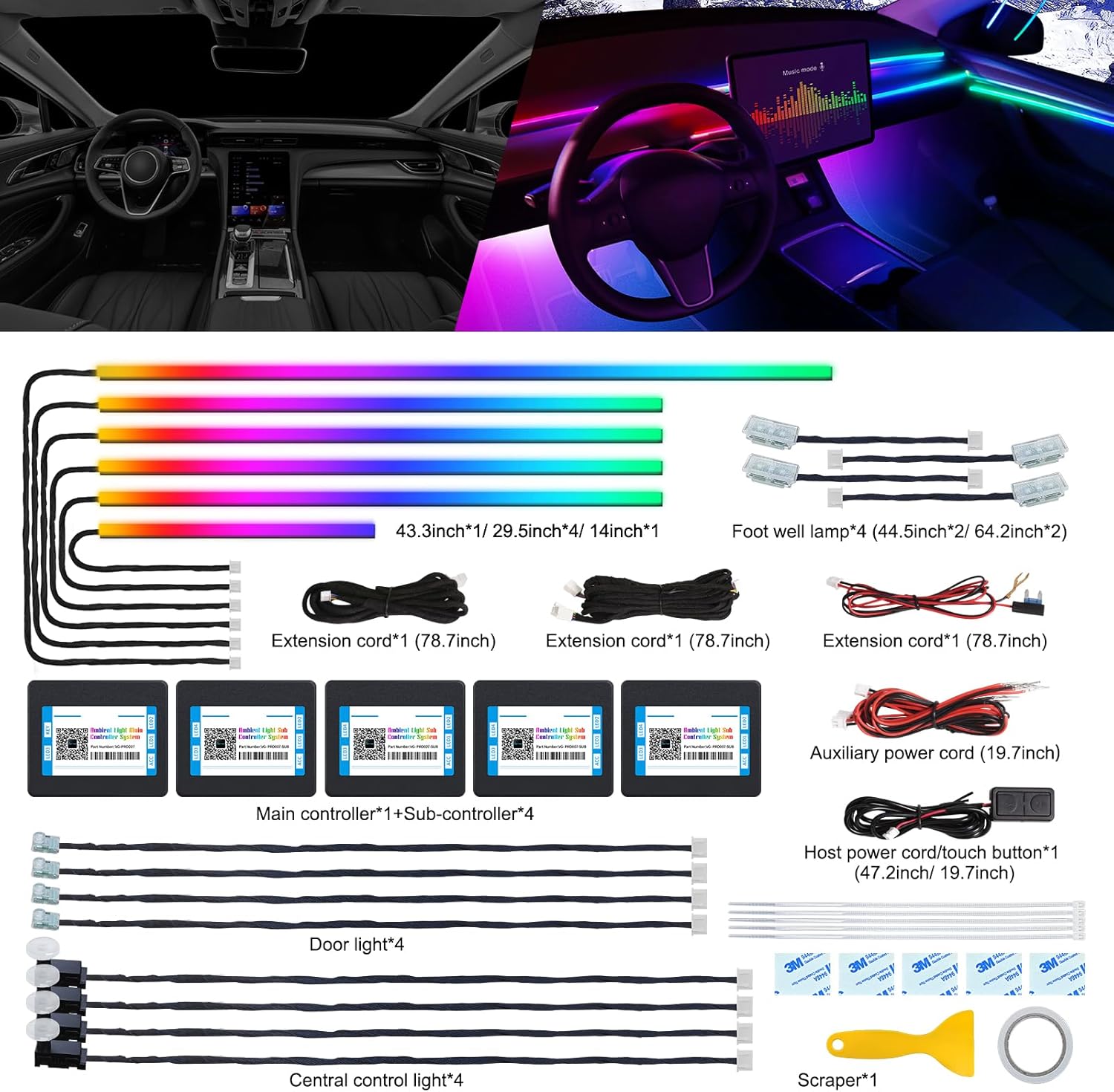 Dreamcolor Acrylic Interior Car LED Strip Light with Wireless APP, RGB ...