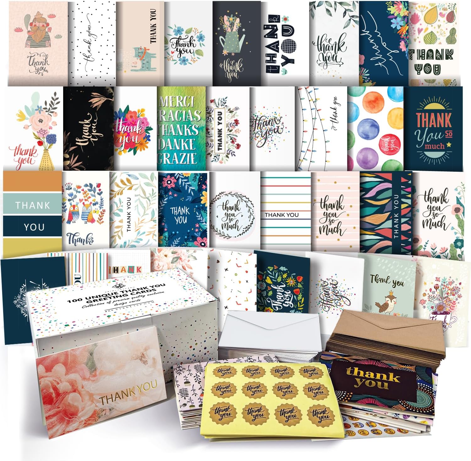 Amazon.com : 100 Thank You Cards With Envelopes Pack Bulk 4x6 - Blank ...