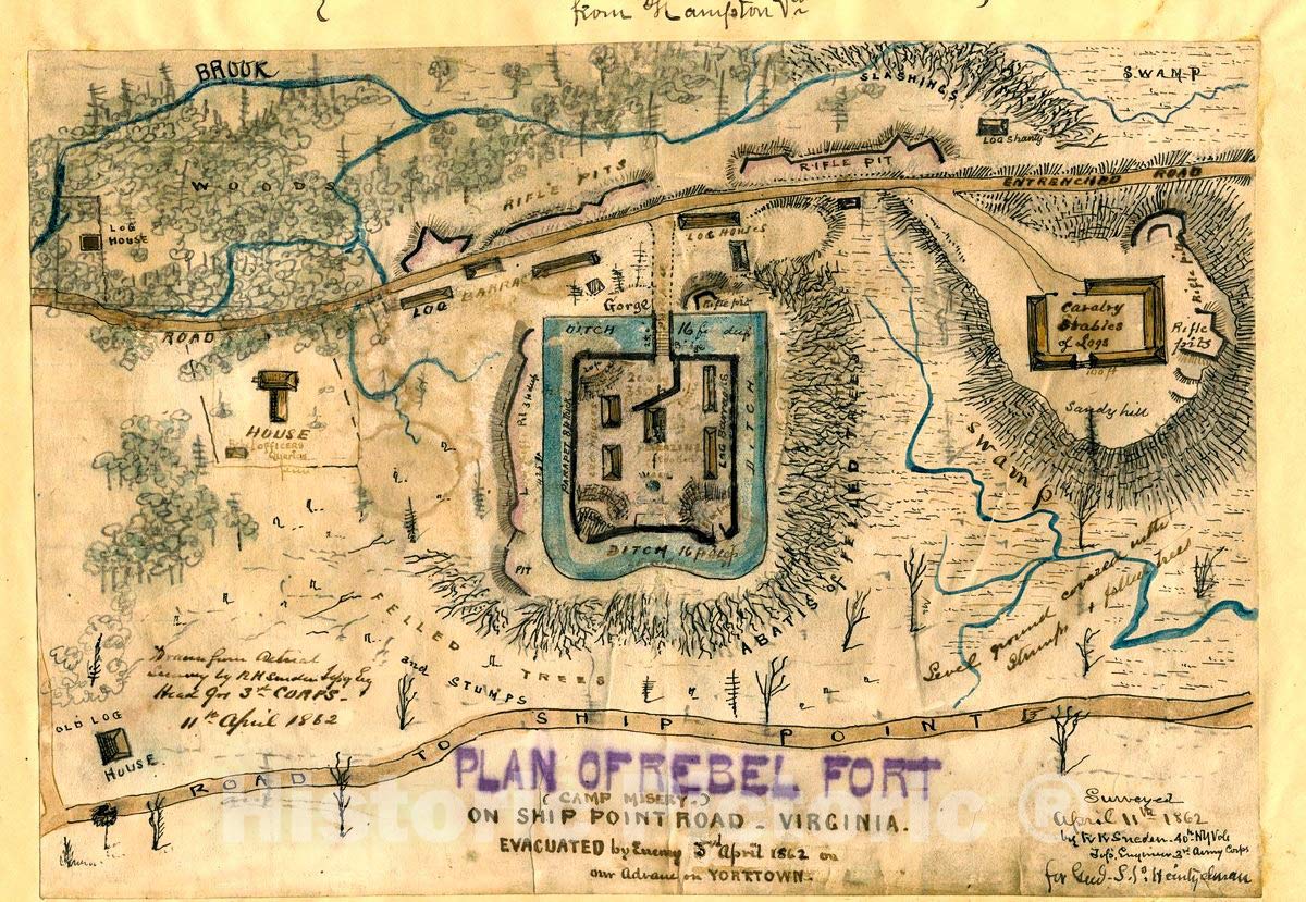 Buy Historic 1862 Wall - Plan of Rebel Fort (Camp Misery) on Ship Point ...