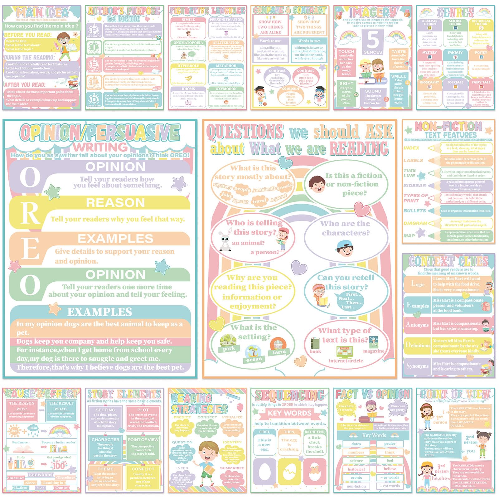 Snapklik.com : 16Pcs Pastel Reading Comprehension Poster Classroom ...