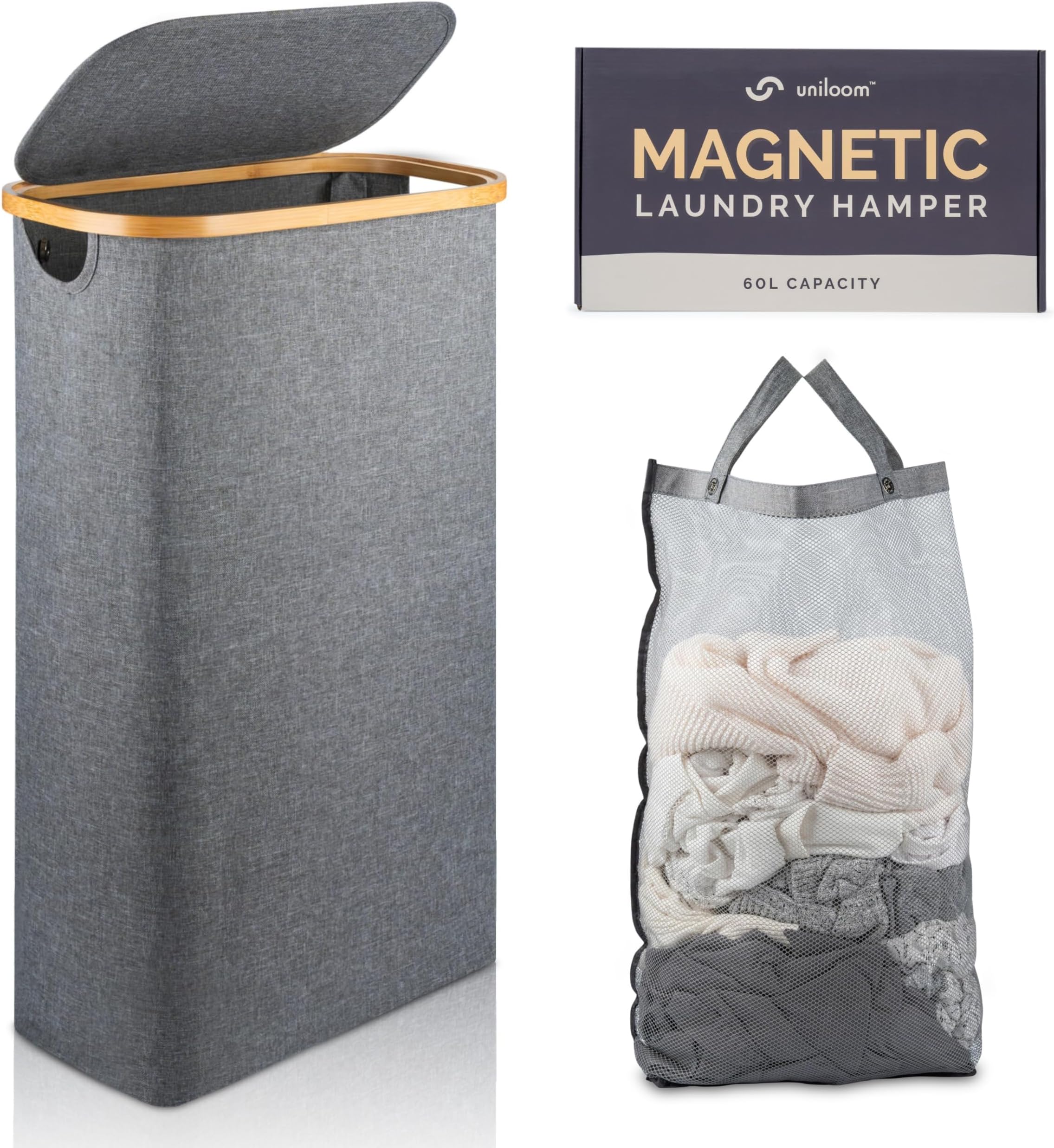 Amazon.com: uniloom Slim Laundry Hamper with Lid & Bamboo Rim - 60L ...