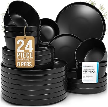 Amazon.com | 24 Piece Black Dinnerware Set for 8 | Matte Black Plates ...