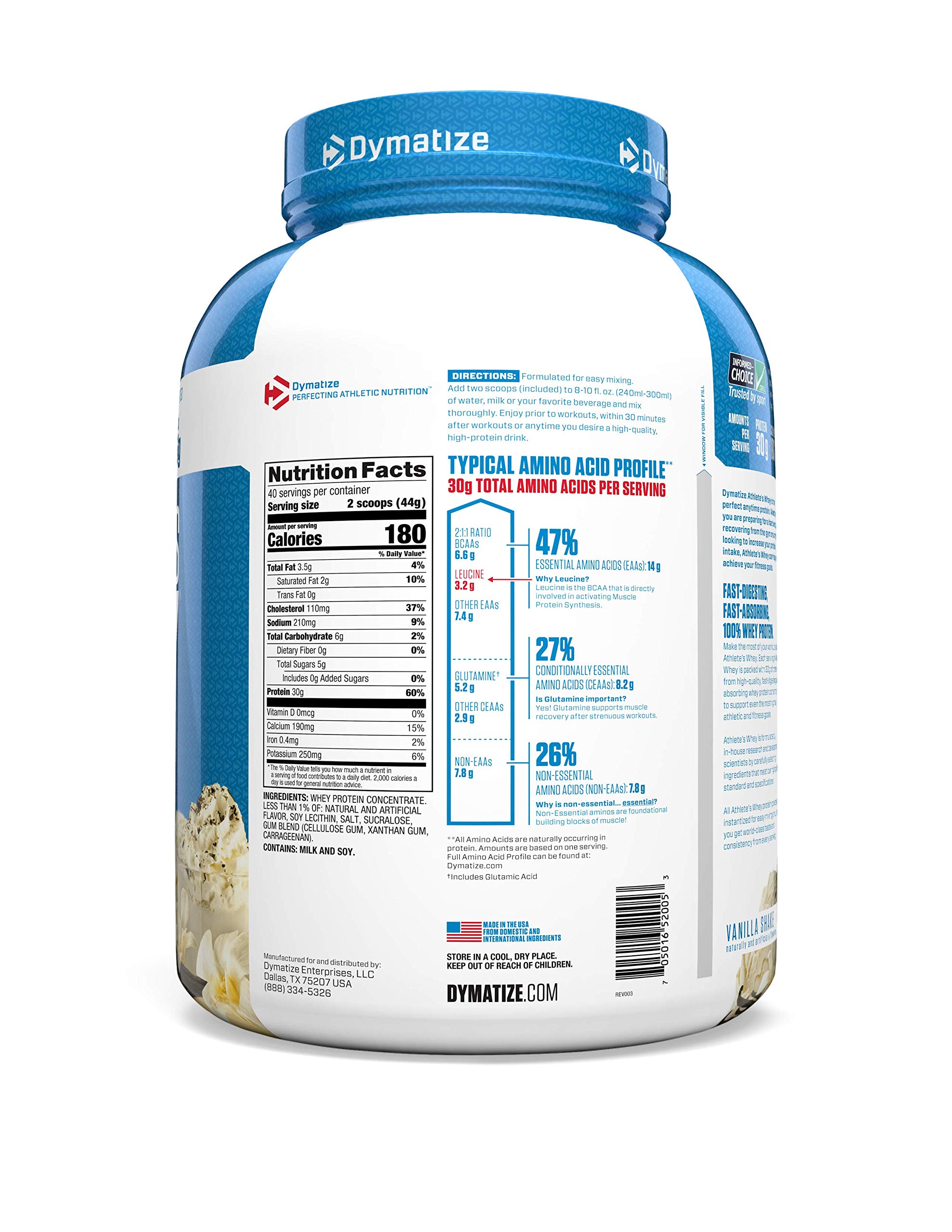 Dymatize Athlete's Whey Protein Powder 30 g de proteína, 6.6 g de BCAA ...