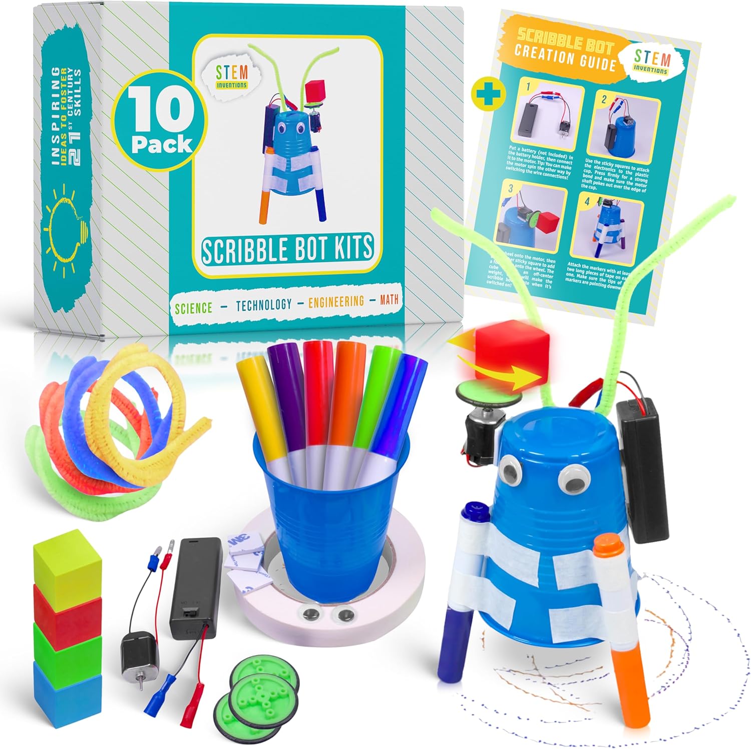 Amazon.com: DIY Doodle Scribble Bot Kit – Bulk Pack of 10 Drawing Motorized Doodle Art Robot ...