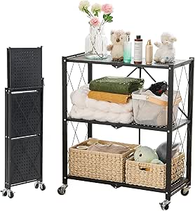 Amazon.com: Poofzy 3-Tire Foldable Storage Shelves with Wheels ...