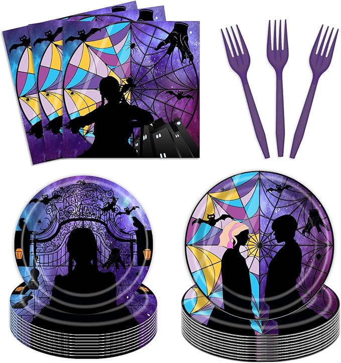 Amazon.com: 96 Pcs Wednesday Plates and Napkins Party Supplies Gothic ...