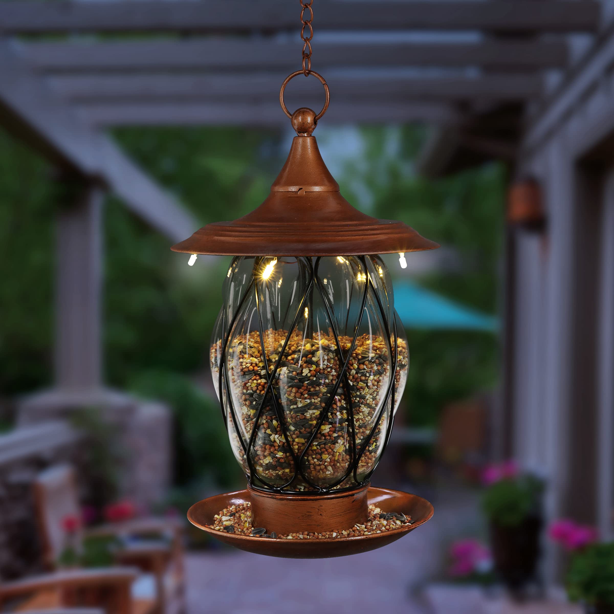 Exhart Solar Glass/Metal Hanging Bird Feeder, Easy Access, Ready to ...