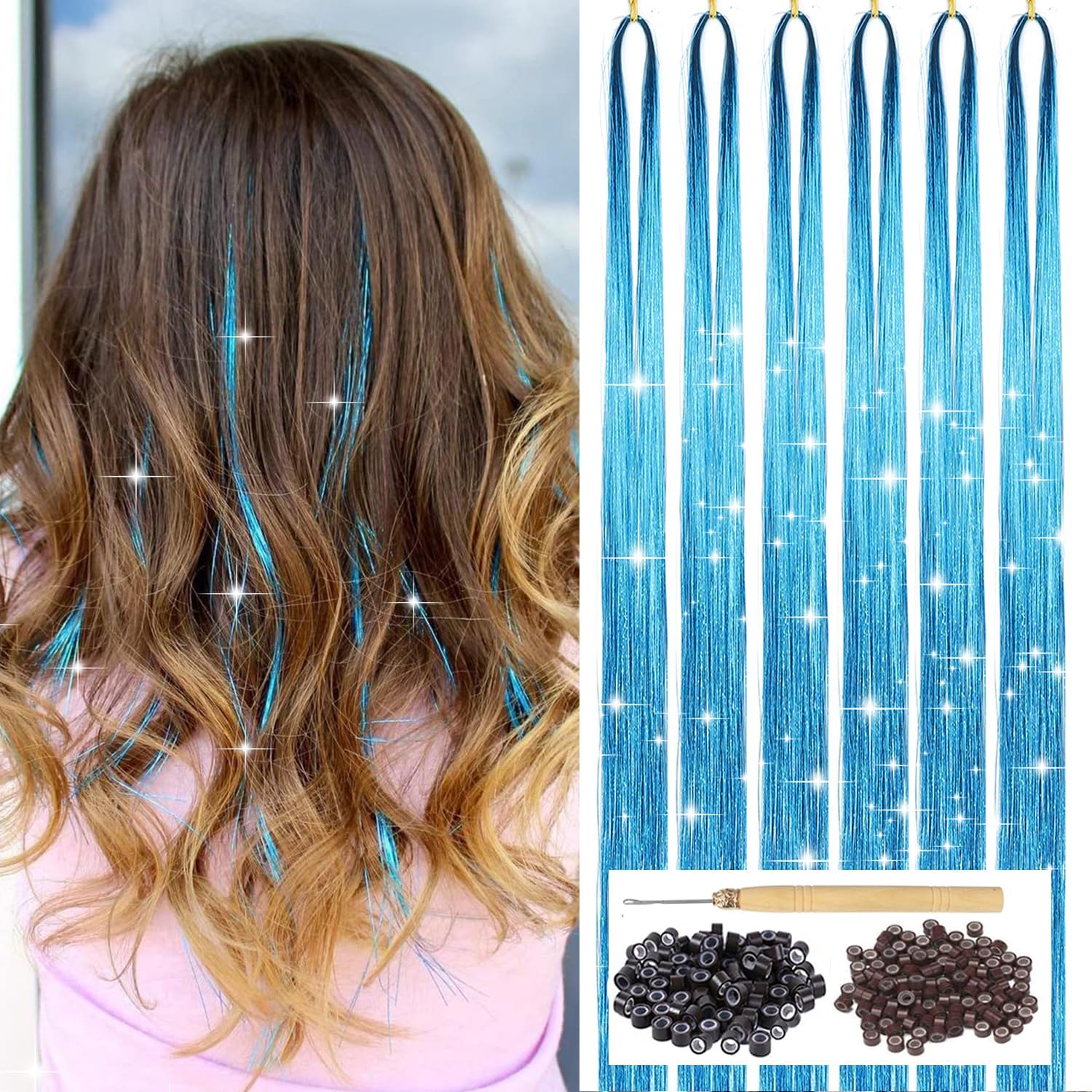 Amazon.com : Sky Blue Hair Tinsel Kit with Tool 6pcs 1200 Strands Glitter Tinsel Hair Extensions ...