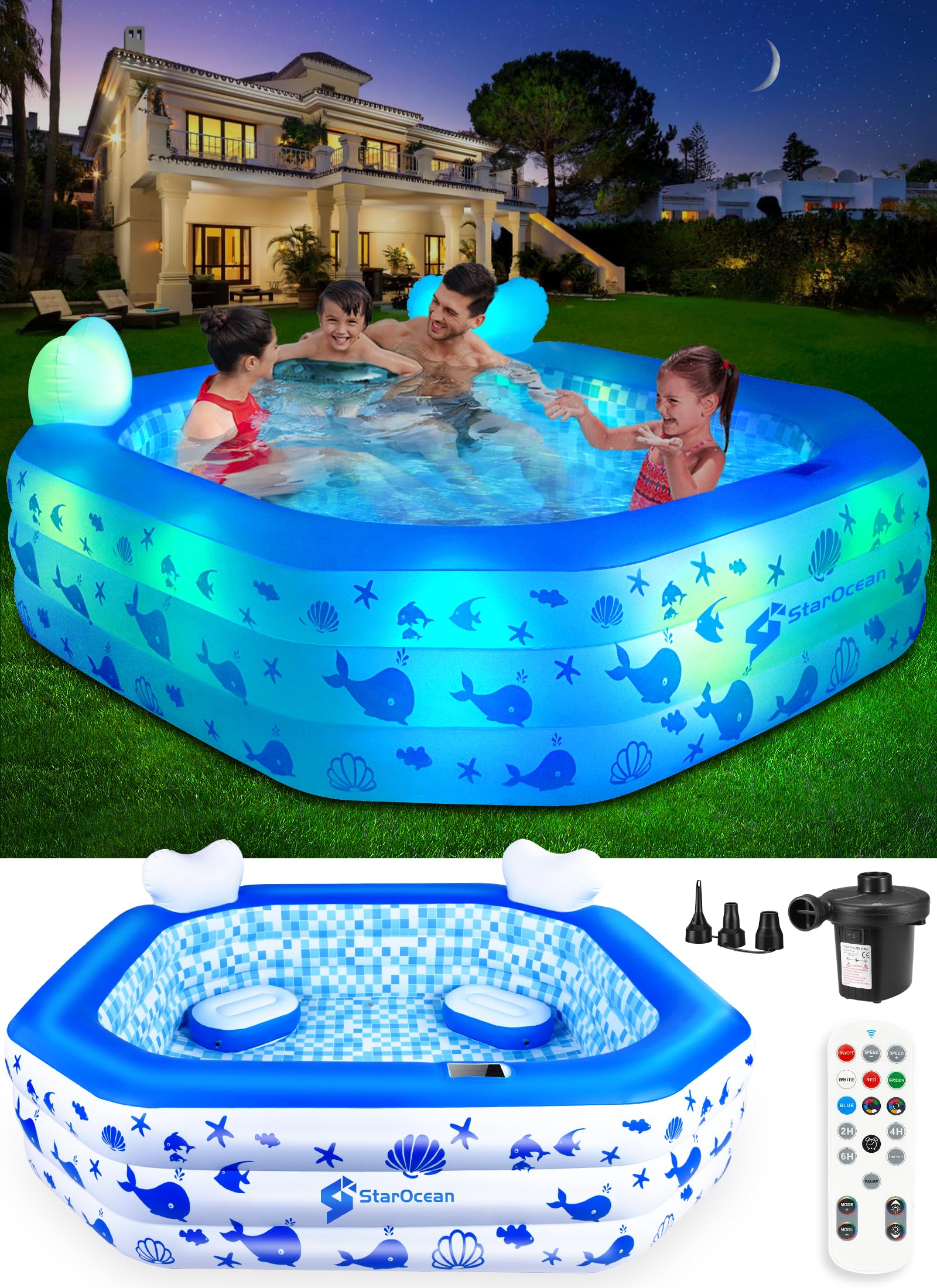 Amazon.com: Inflatable Pool with Lights,2024 Solar Inflatable Swimming ...