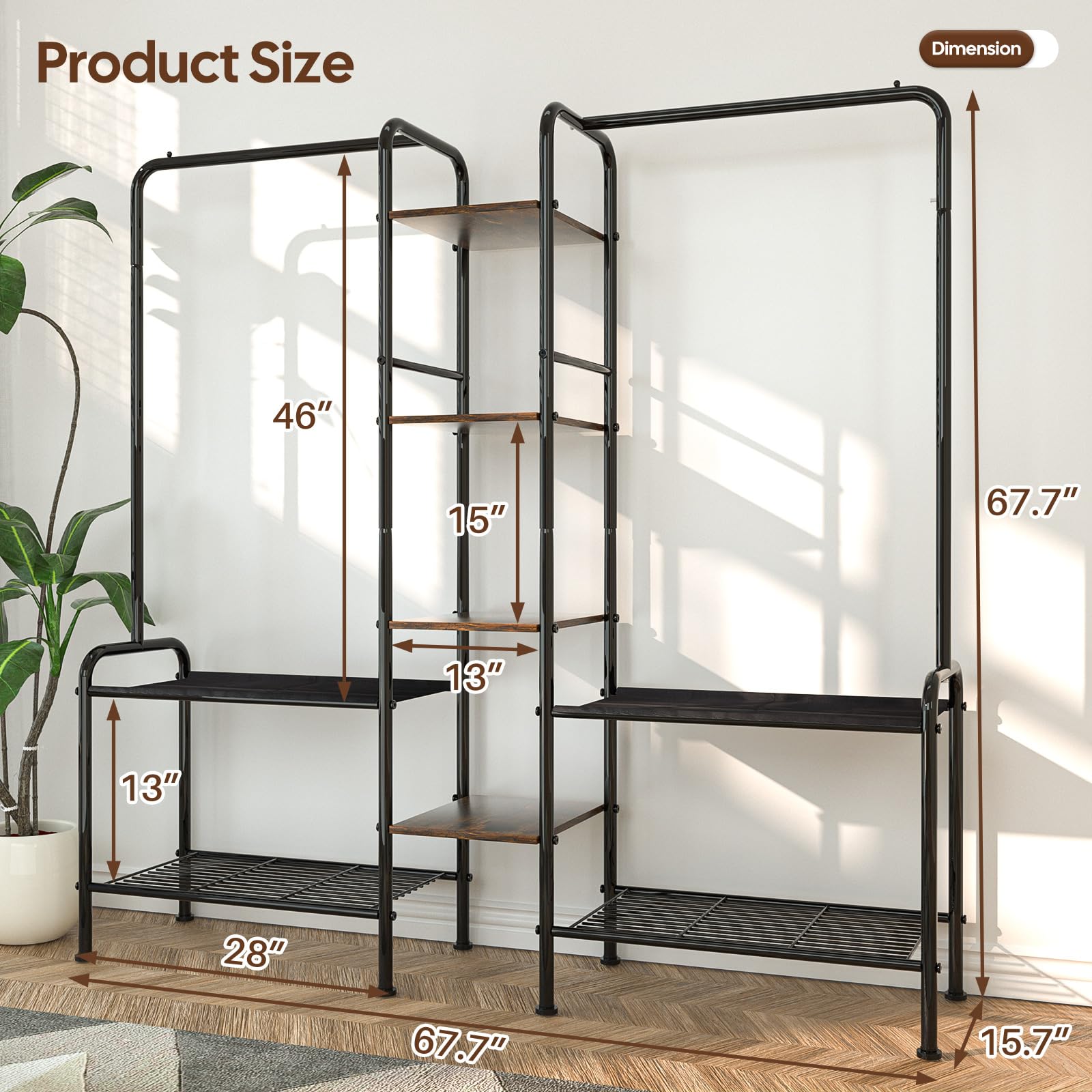 Homde Metal Clothes Rack with Wood Shelves, Clothing Rack for Hanging ...