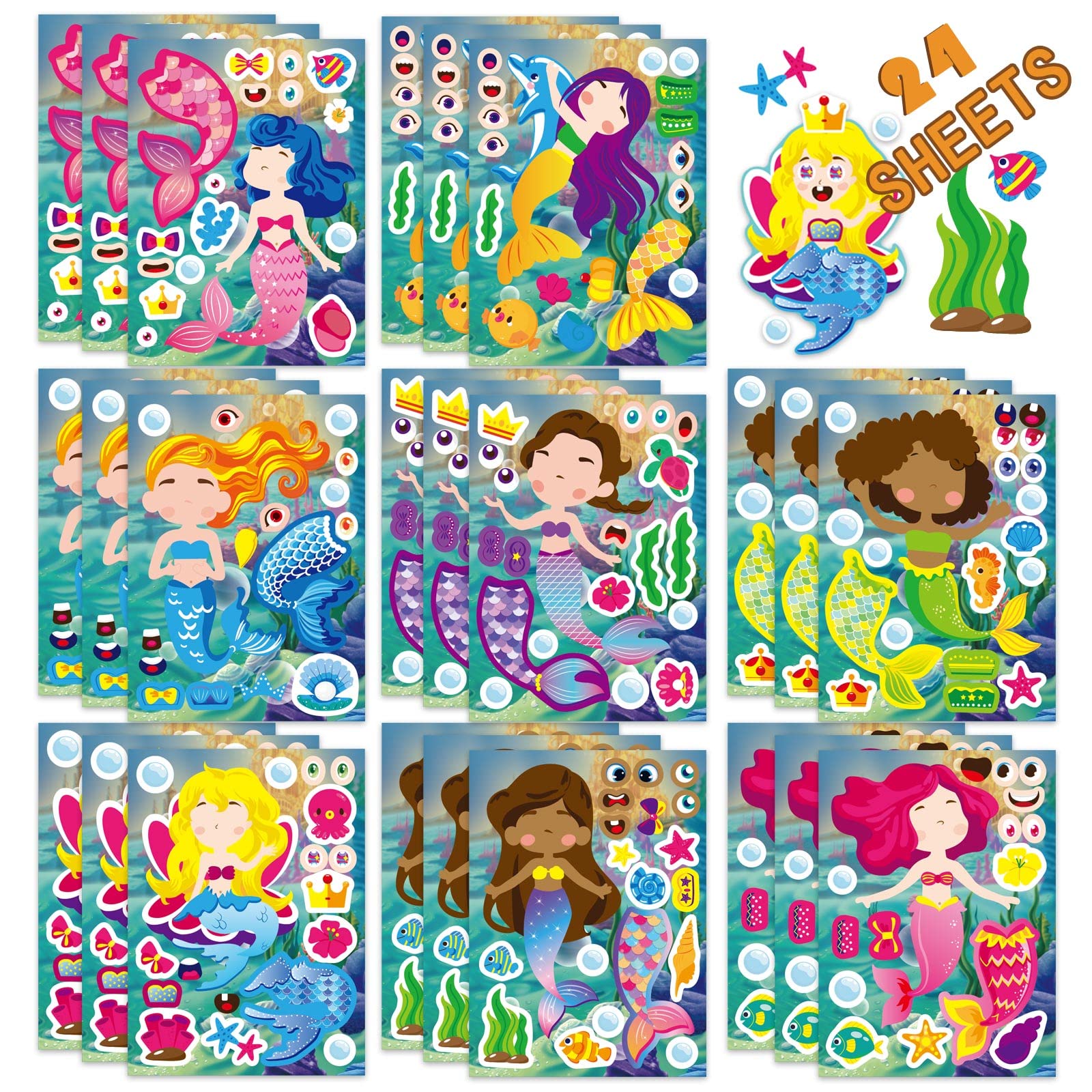 Snapklik.com : 24 Sheets Mermaid Make A Face Stickers Make Your Own ...