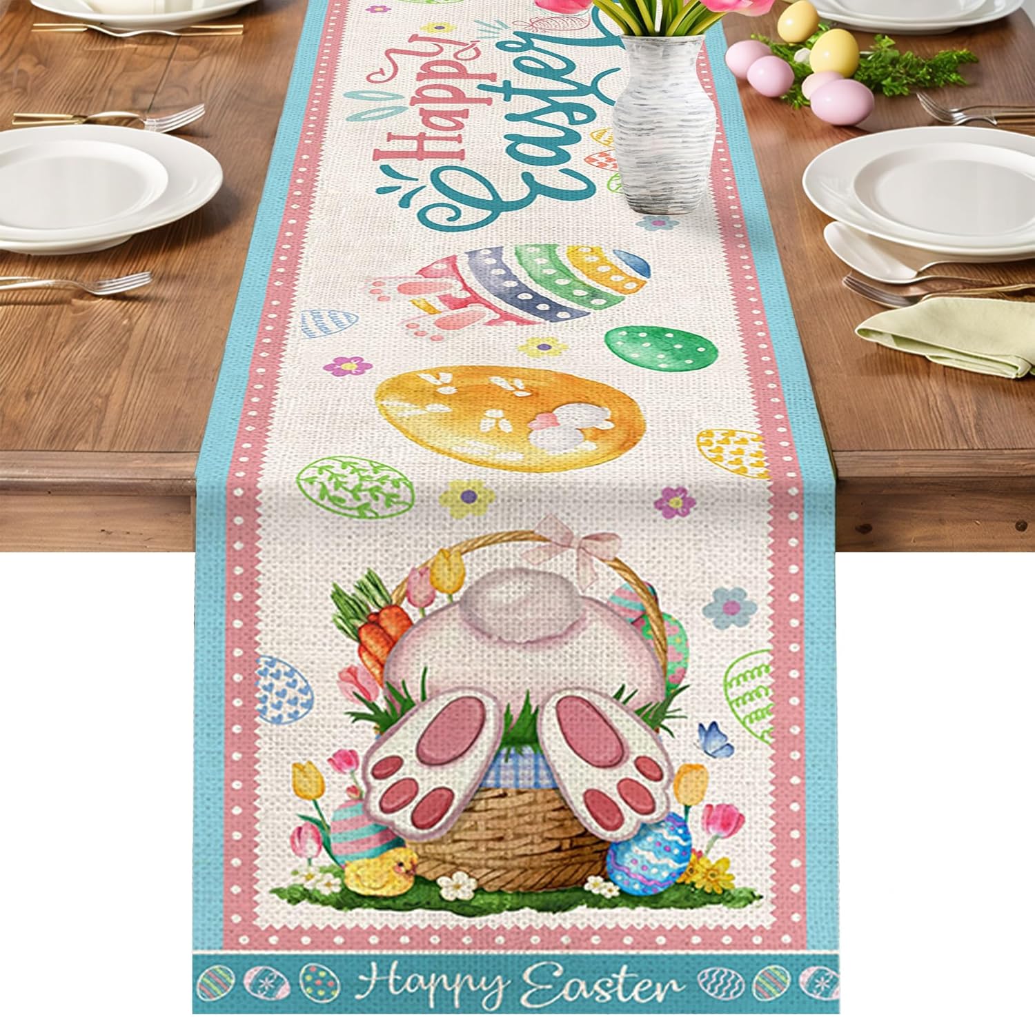 Amazon.com: Easter Table Runner 108 Inch Long, Rabbits Eggs Easter ...