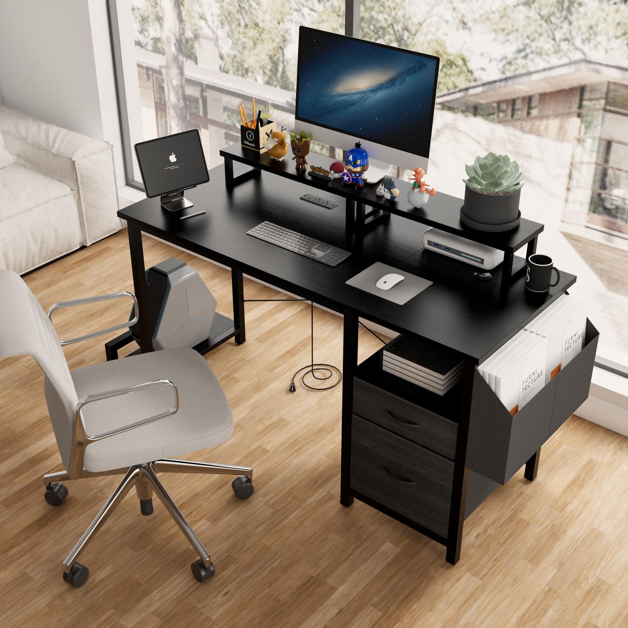 Amazon.com: 47" Gaming Desk with Power Outlet,2 Movable Monitor Stands ...