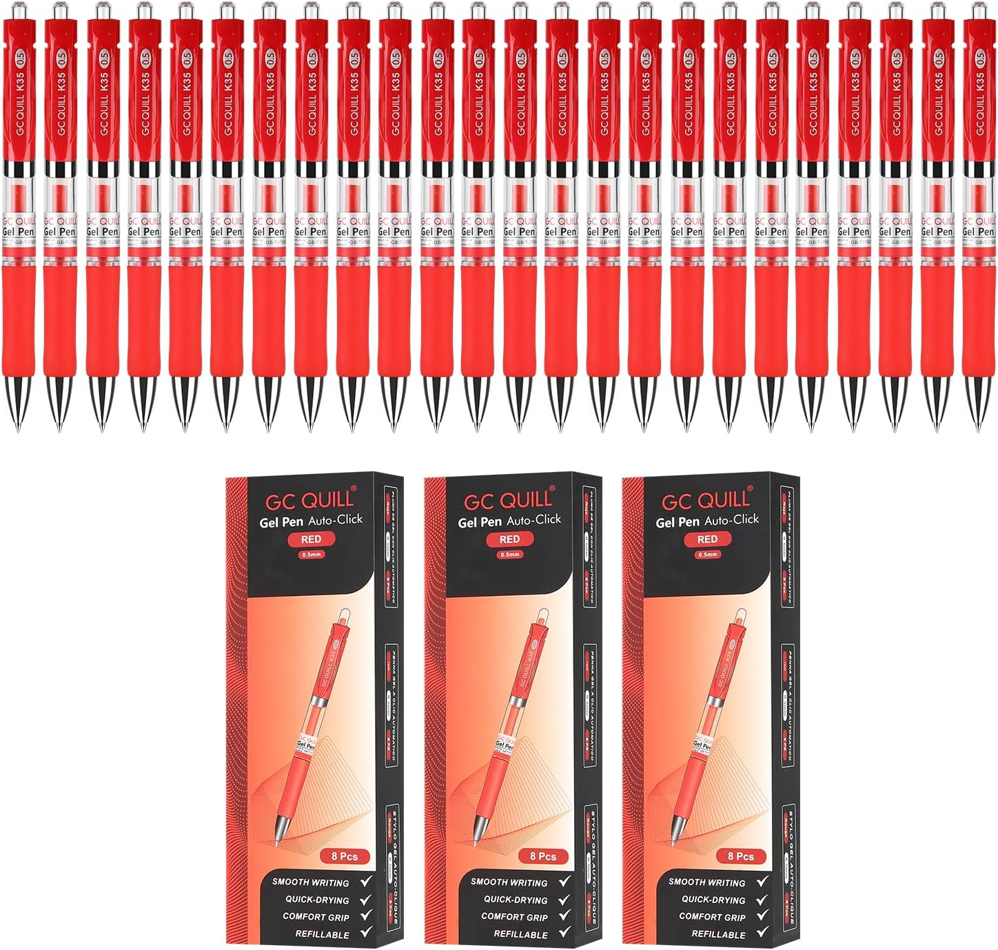 GC QUILL Gel Ink Pens - 0.5mm Retractable Red Ink Gel Pen - 24 Counts ...