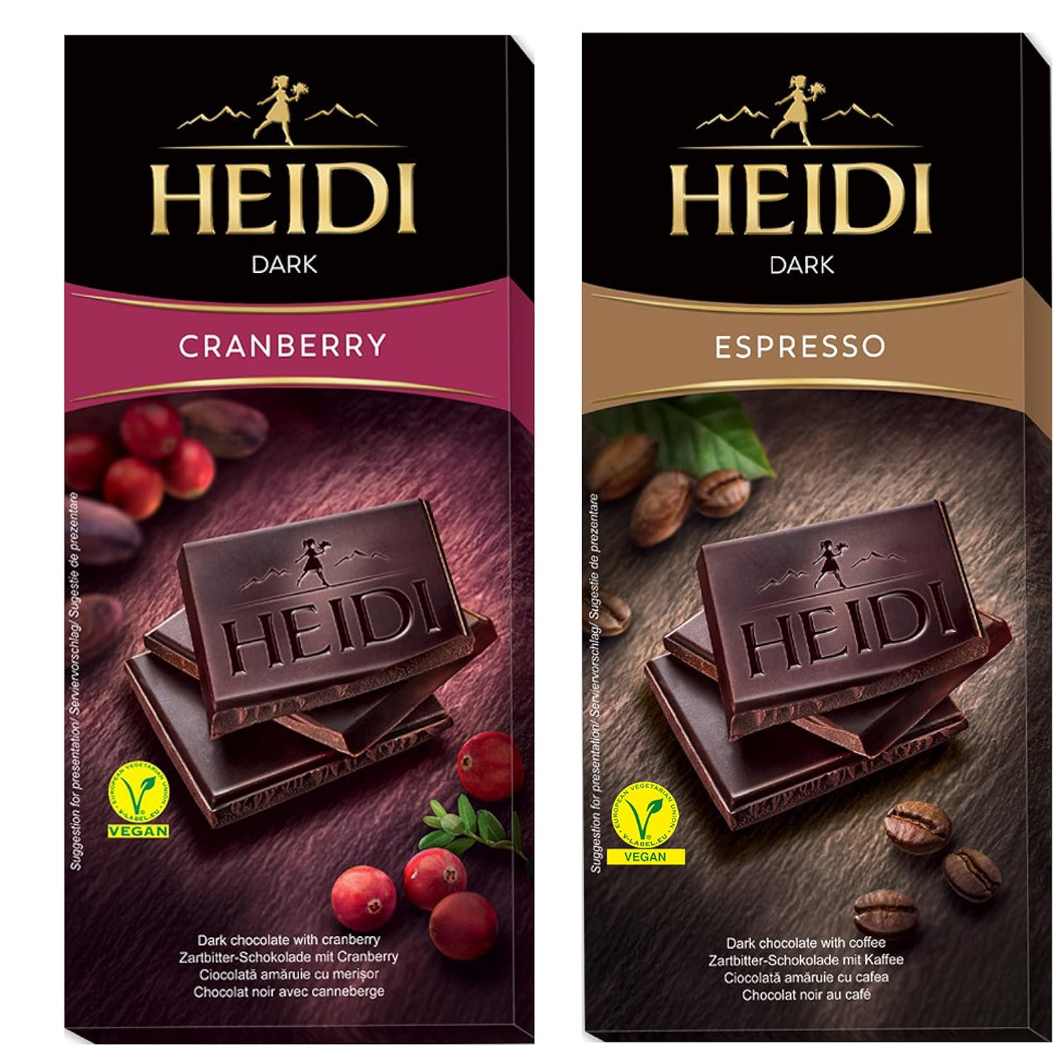 Heidi Cranberry Dark Chocolate 80g & Espresso Dark Chocolate 80g | 100% ...