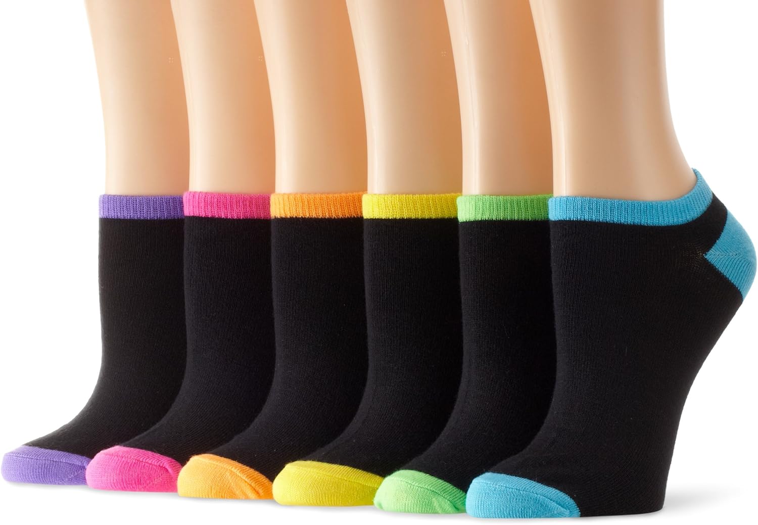 Amazon.com: K. Bell Women's 6-Pack Assorted No-Show Black Tip Neon ...